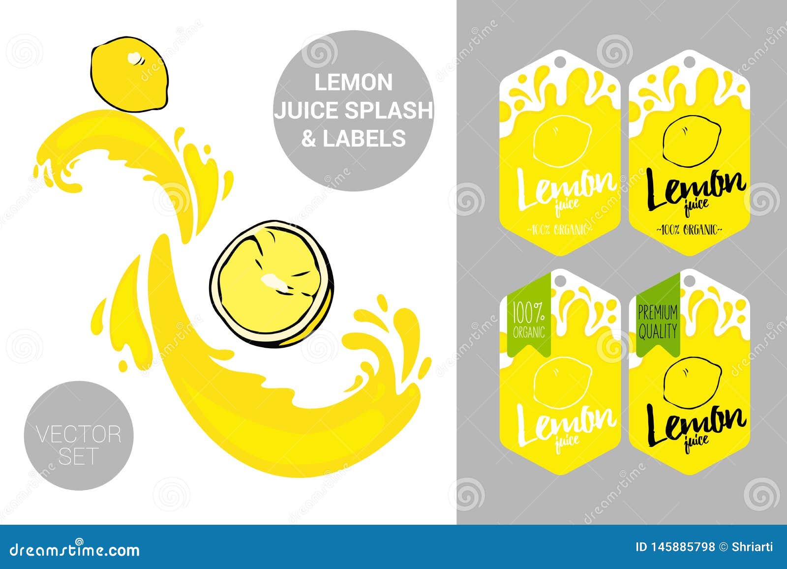 Lemons with Juice Splashes. Organic Fruit Labels Tags and Lemon Juice ...