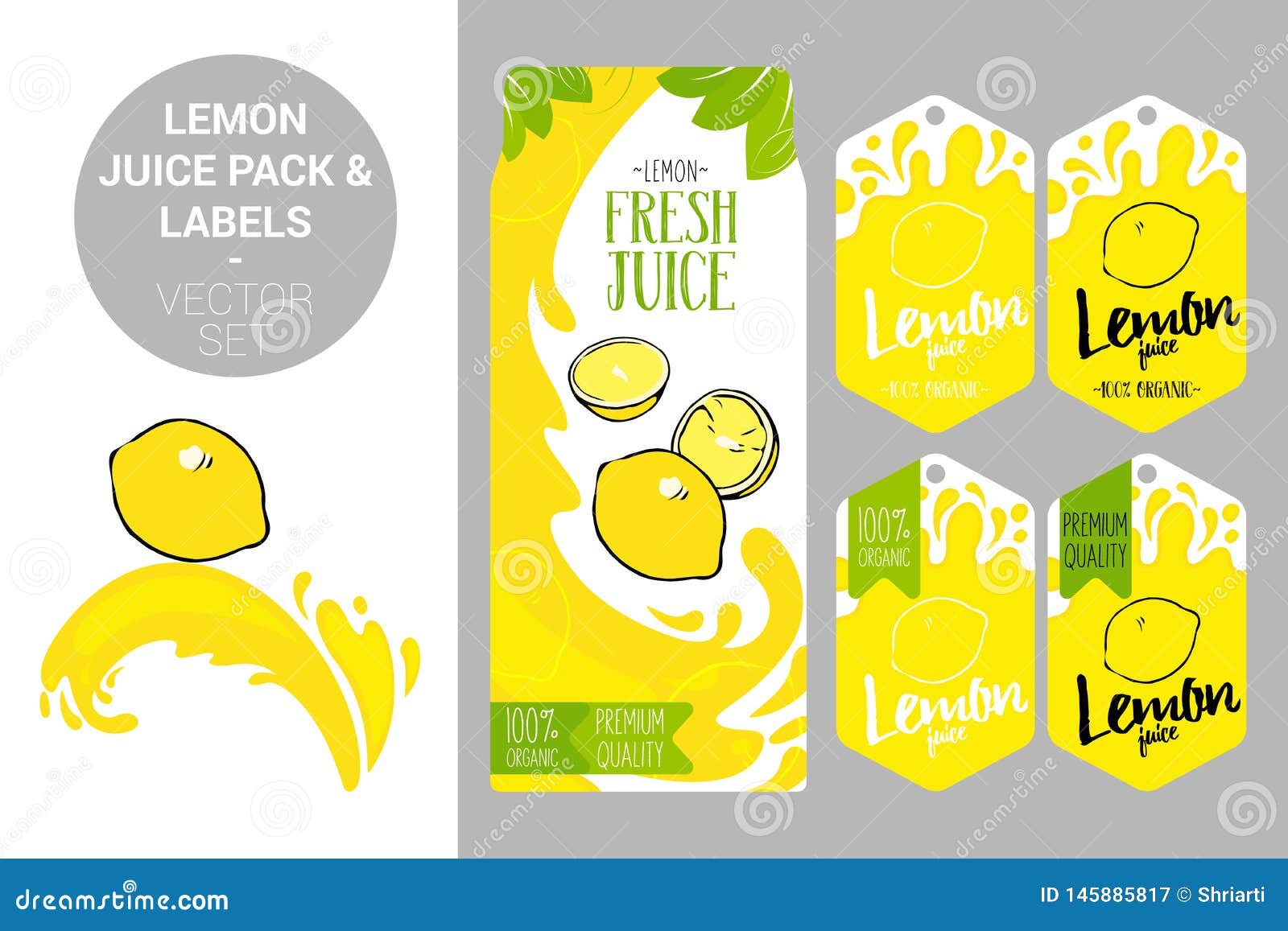 Lemon Juice Pack and Organic Fruit Labels Tags. Colorful Tropical ...