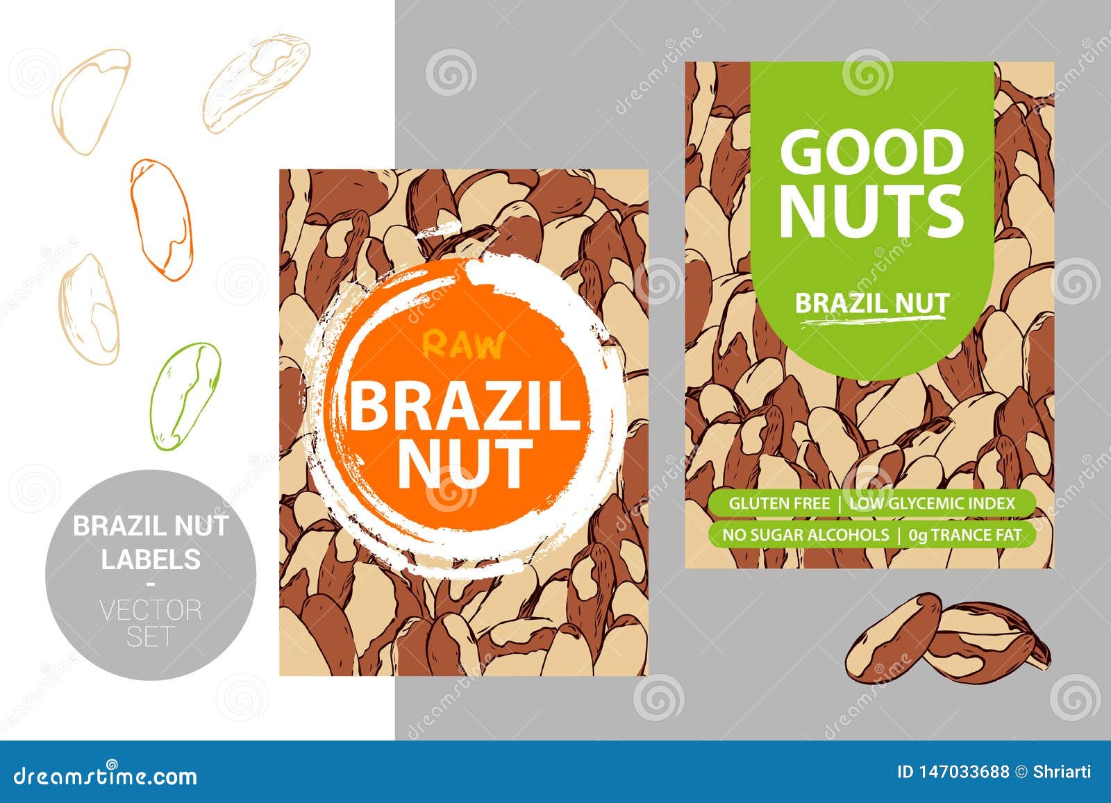 Brazil Nuts Labels with Brush Stroke Elements and Cartoon Drawn Nut ...