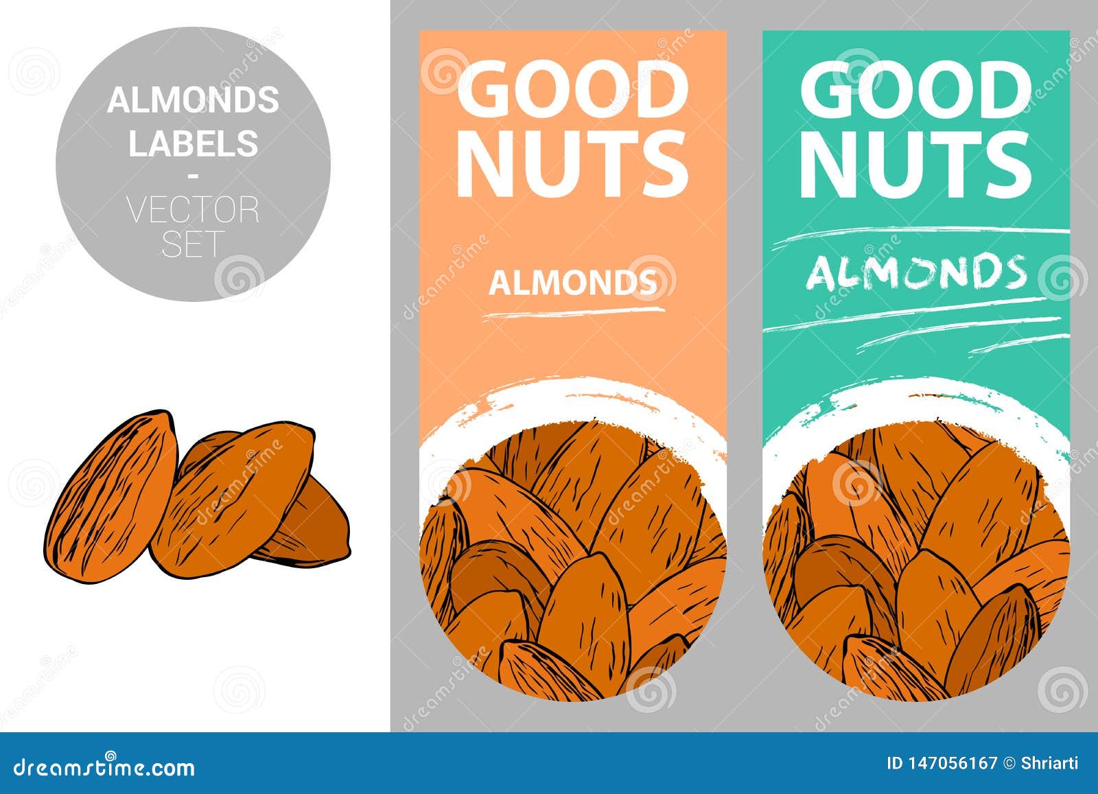Almonds Product Labels in Pastel Colors with Nut Texture and Brush ...