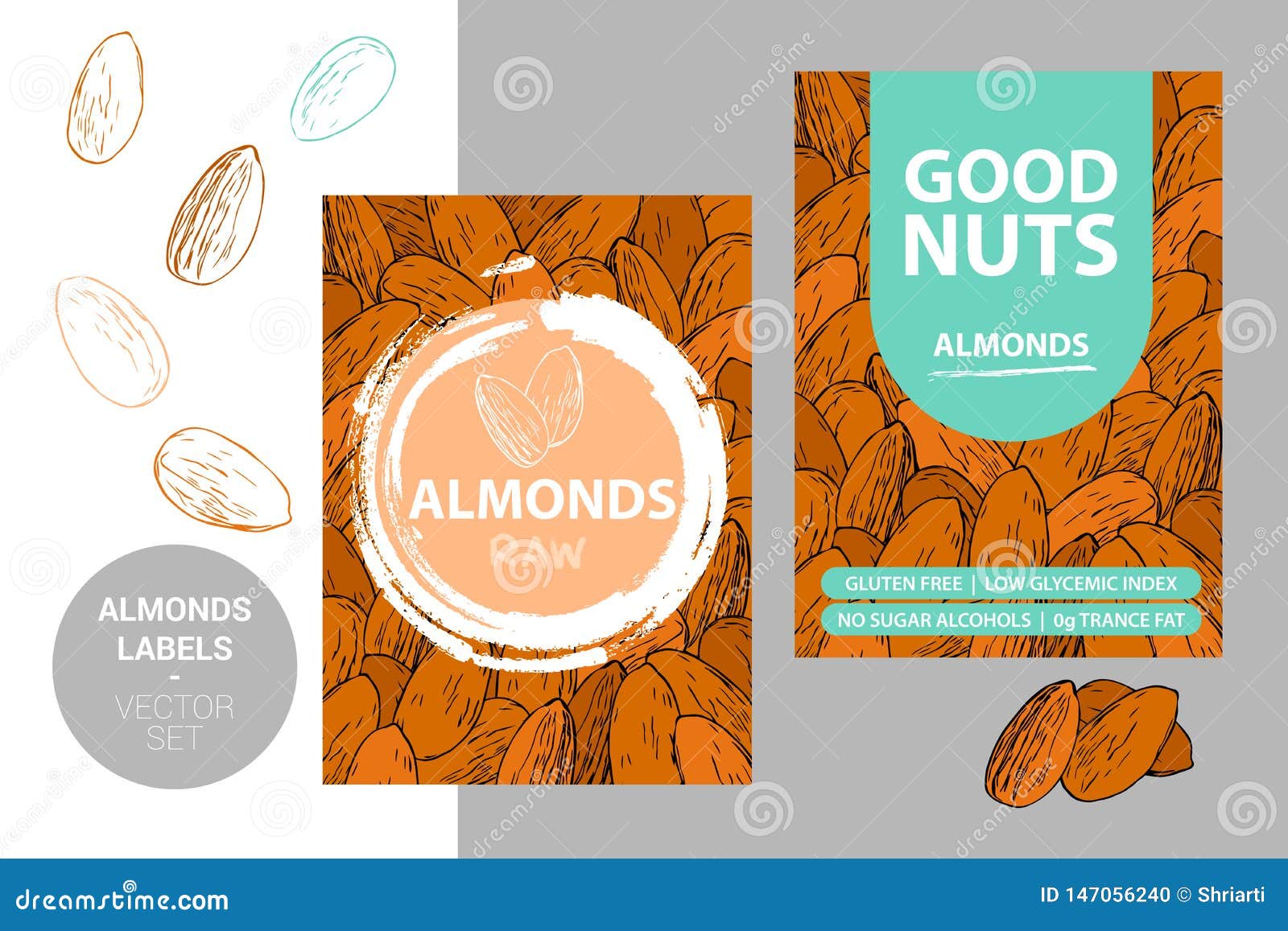 Almonds Labels with Brush Stroke Elements and Cartoon Drawn Nut Texture ...