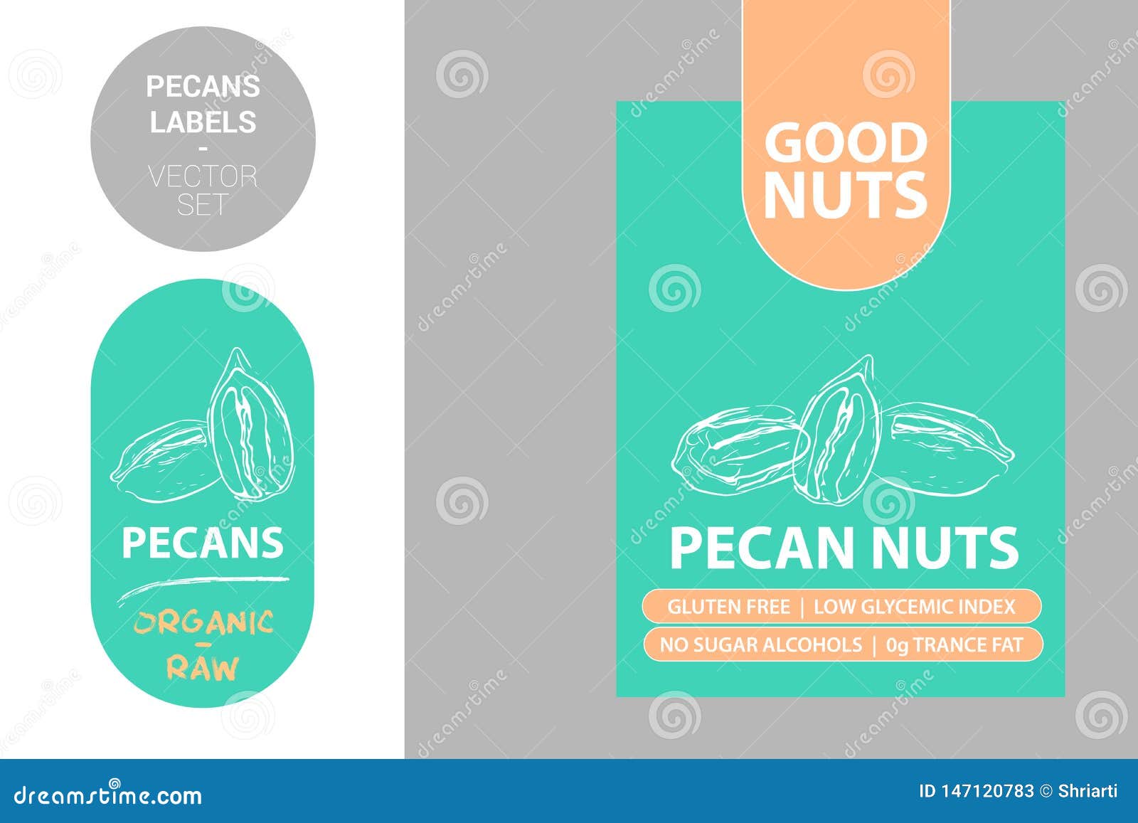 Pecan Nuts Labels with Colorful Elements. Cartoon Drawn Pecans Product ...