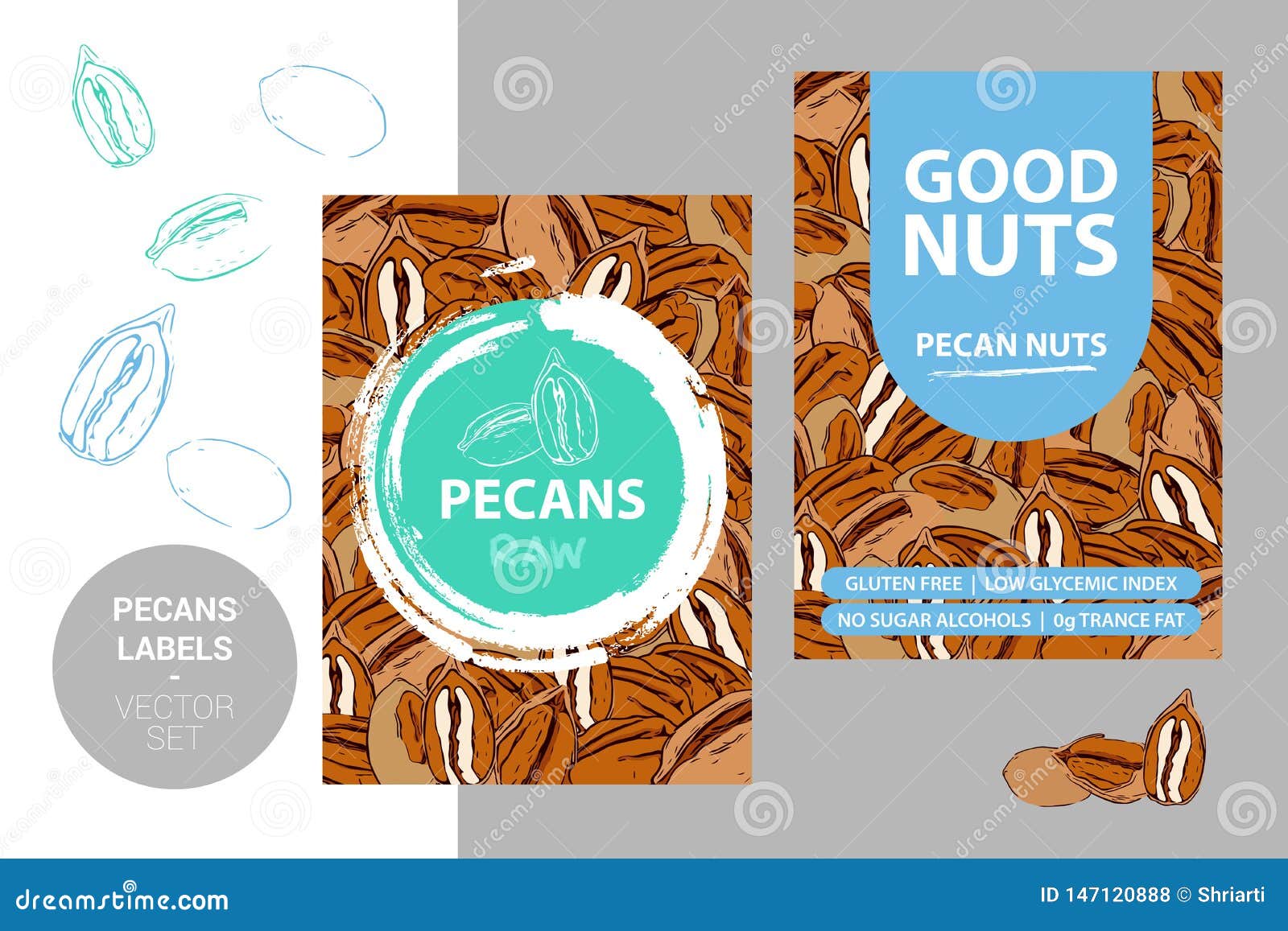 Pecan Nuts Labels with Brush Stroke Elements and Cartoon Drawn Pecans ...