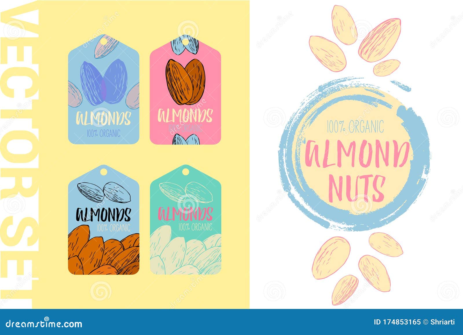 100 Organic Almonds Tag Set with Brush Stroke Elements Stock Vector - Illustration of cute ...