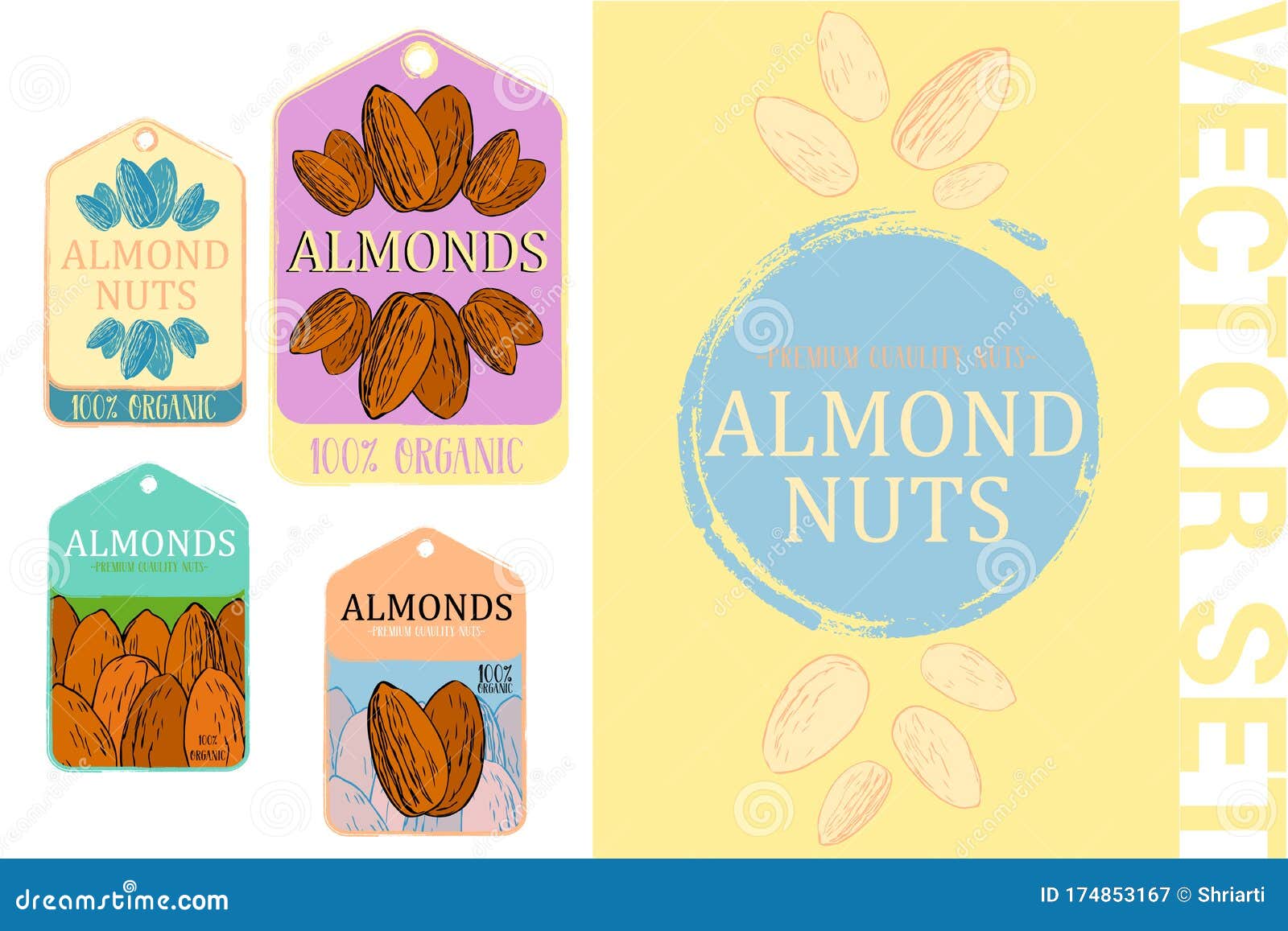 Hand Drawn Colorful Almond Nut Label Set Stock Vector - Illustration of ...