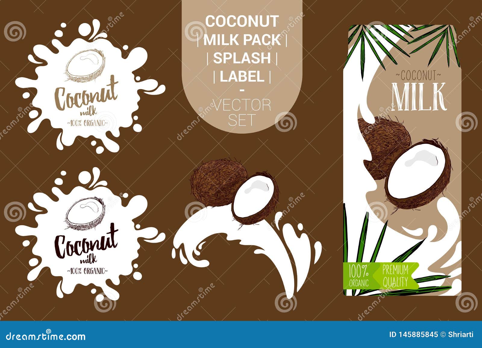 Fresh Coconut Milk Pack with Organic Labels Tags and Green Palm Leaves ...