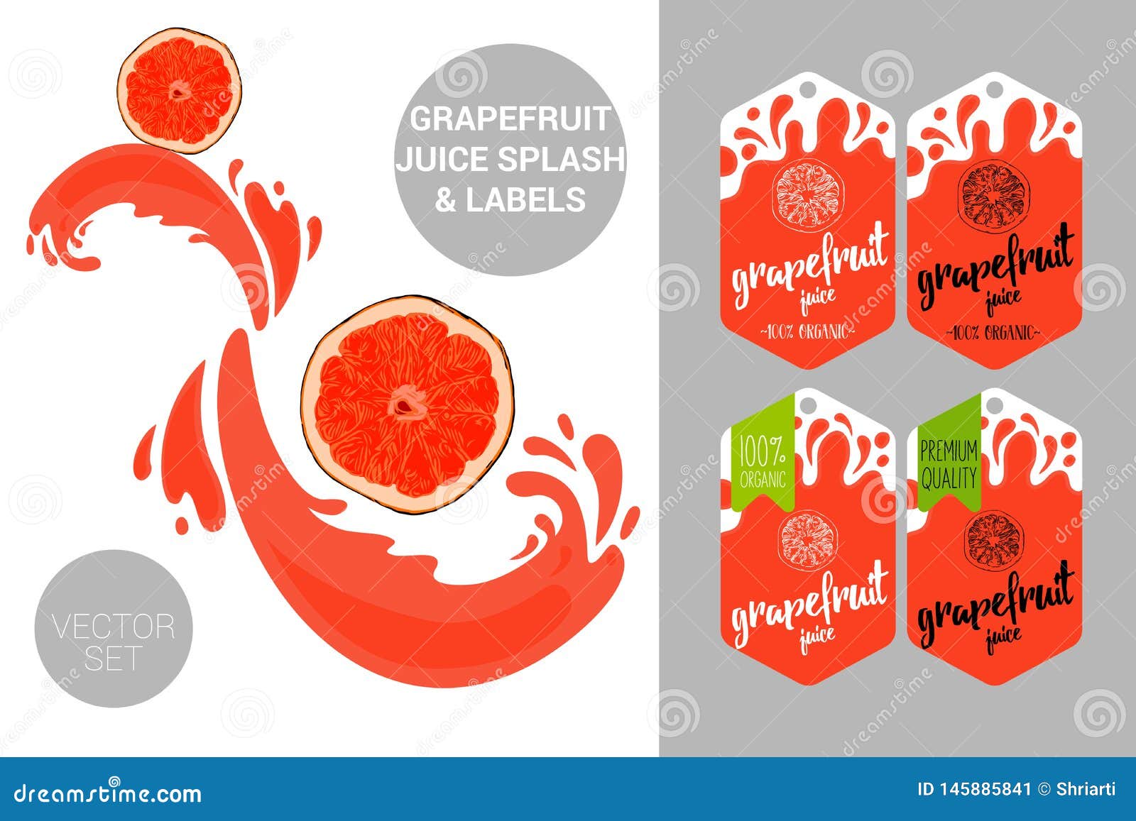 Grapefruit Cuts with Juice Splashes. Organic Fruit Labels Tags. Stock ...