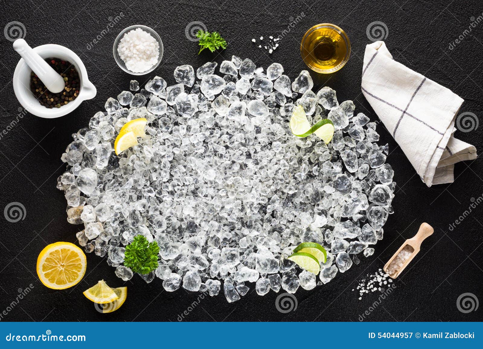 Food Ingredients and Crushed Ice on Black Table Stock Image - Image of ...