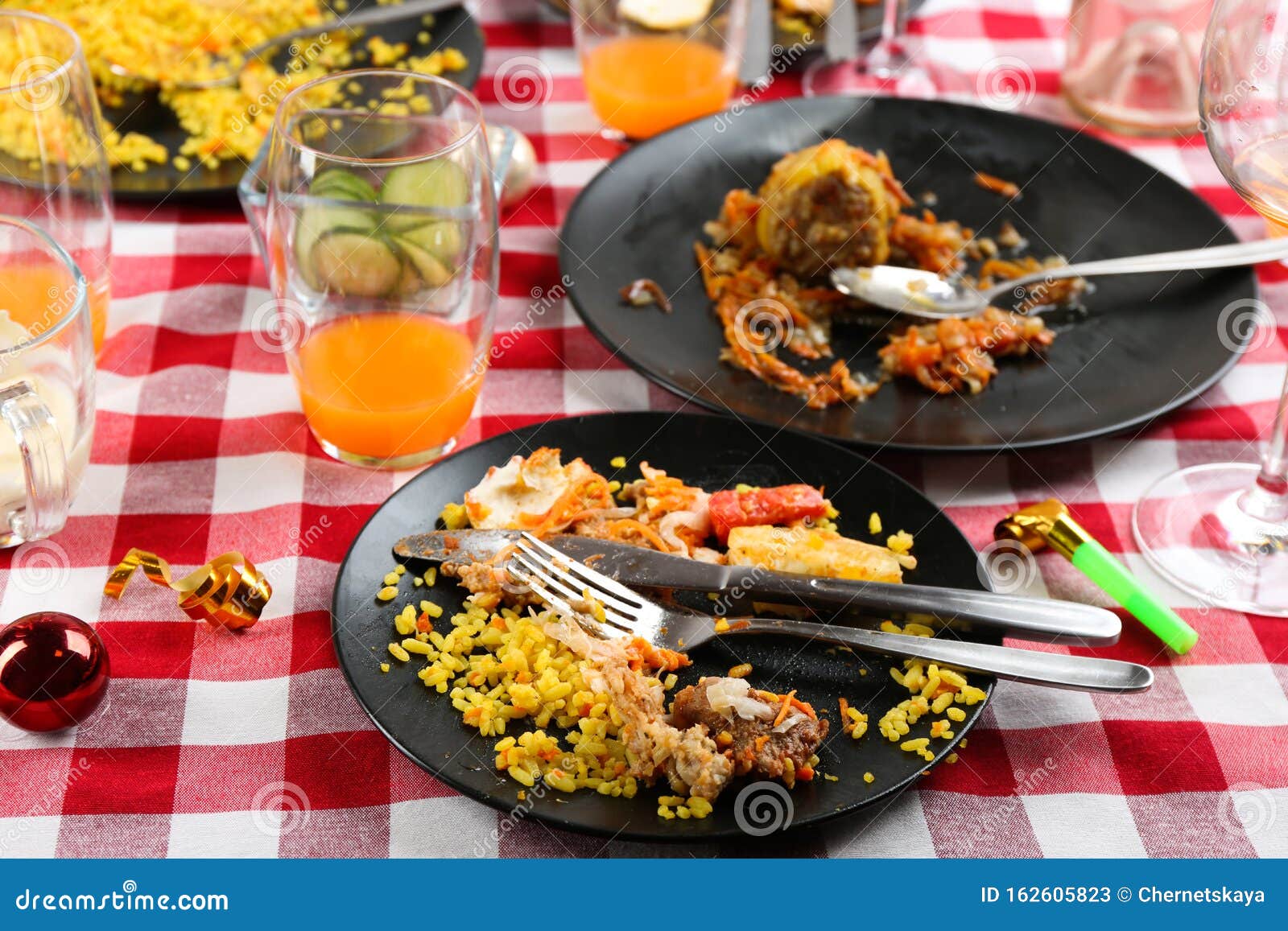 Food Leftovers after Party on Table with Checkered Stock Image - Image ...