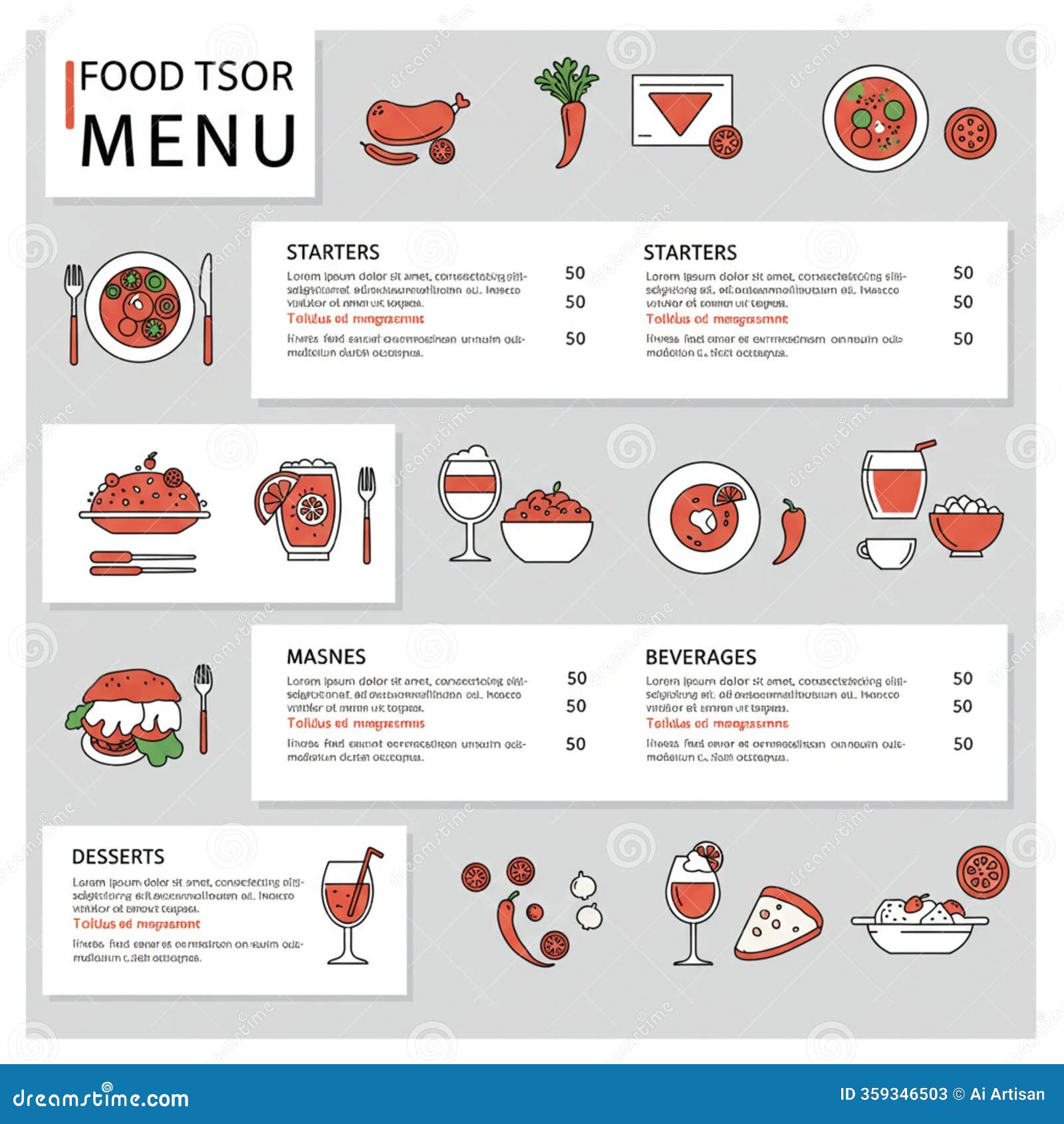 A Food Menu Layout Featuring Sections for Starters, Mains, Beverages ...