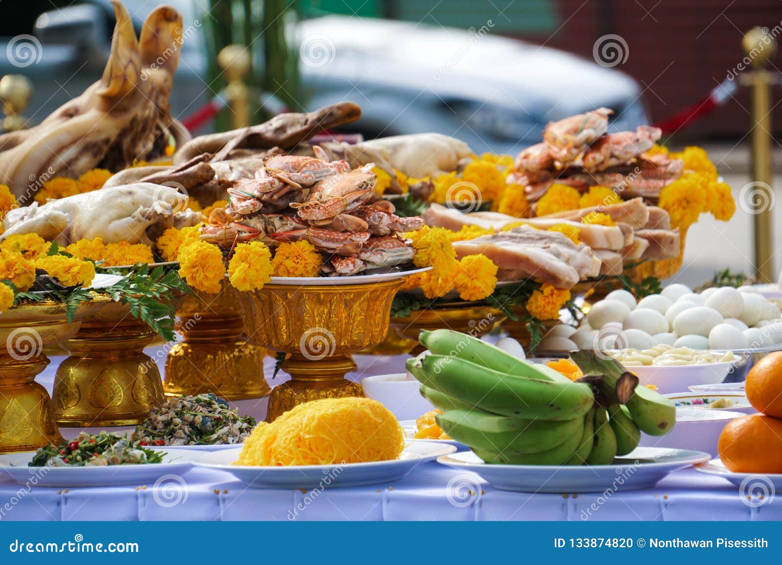 Food Offering in Thai Brahmin Ceremony Stock Photo - Image of dessert ...