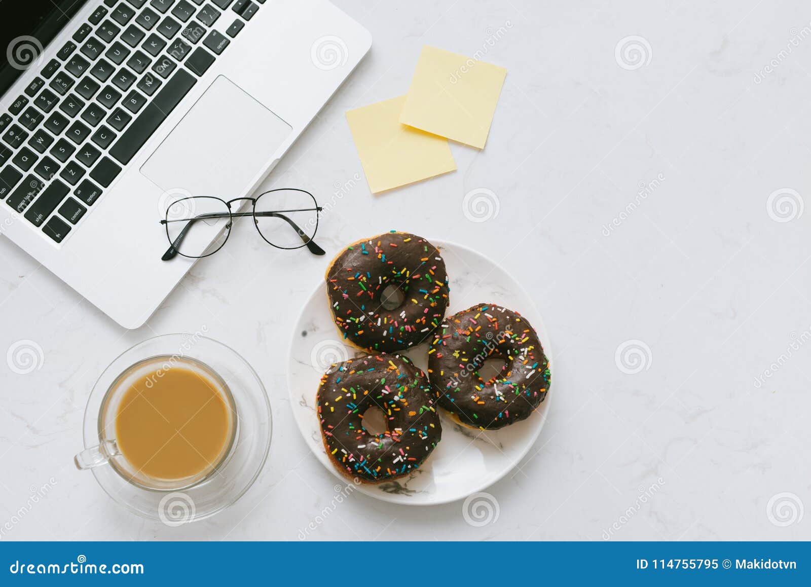 Food in the Office. Donuts on Working Desk. Stock Image - Image of ...