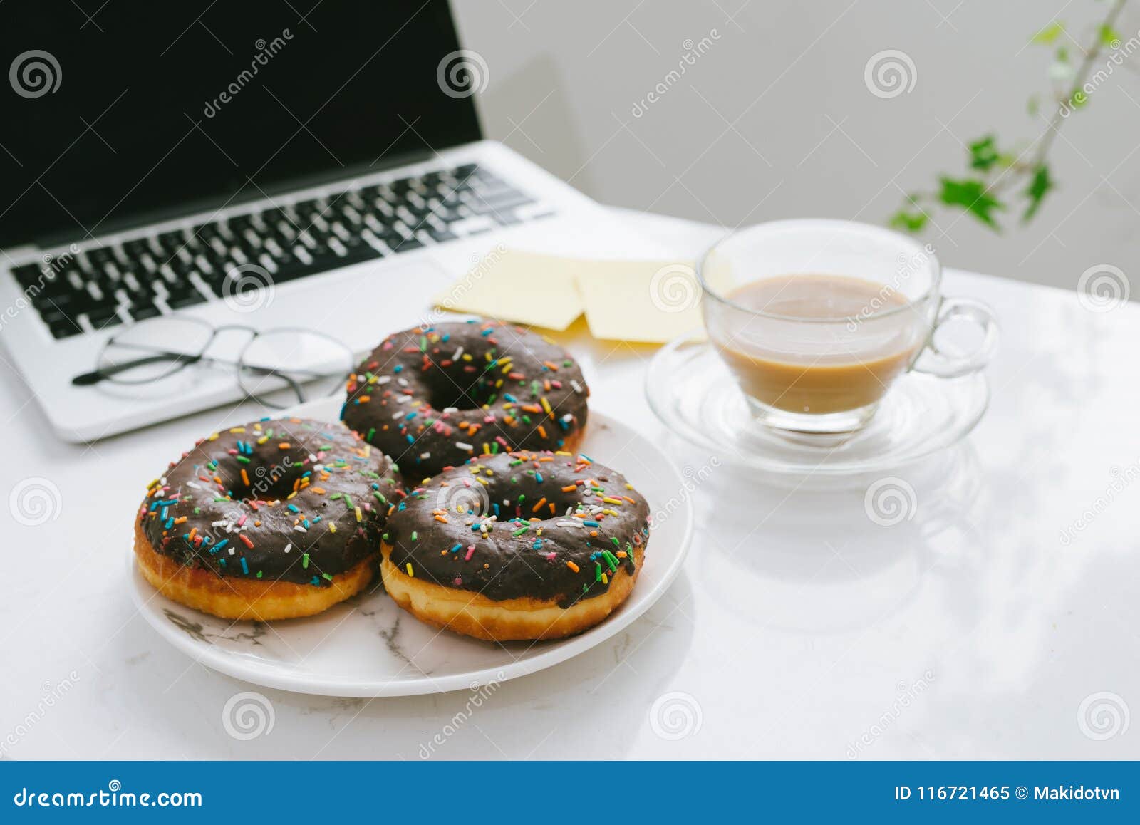 Food in the Office. Donuts on Working Desk. Stock Image - Image of ...