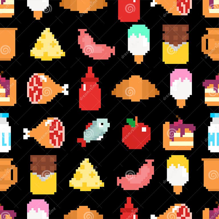 Food Pixel Art Pattern Seamless. Pixelated Food Background Stock Vector ...