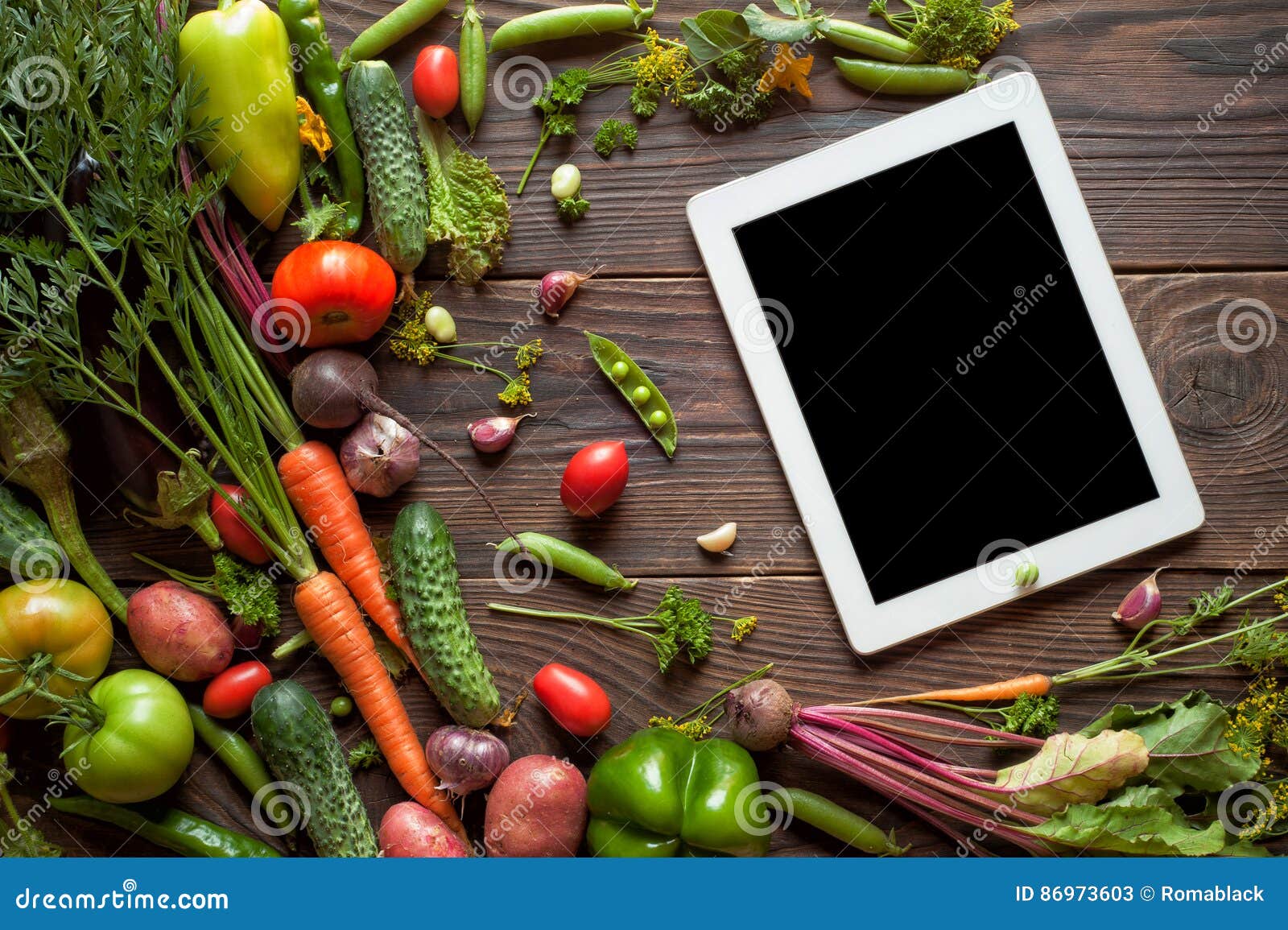 Food Recipes Tablet Computer on Wooden Table Stock Image - Image of ...
