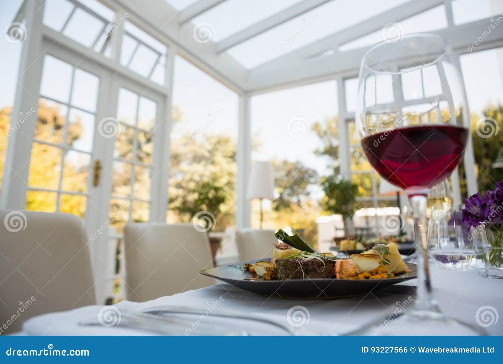 Food with Red Wine Served on Table in Restaurant Stock Photo - Image of ...