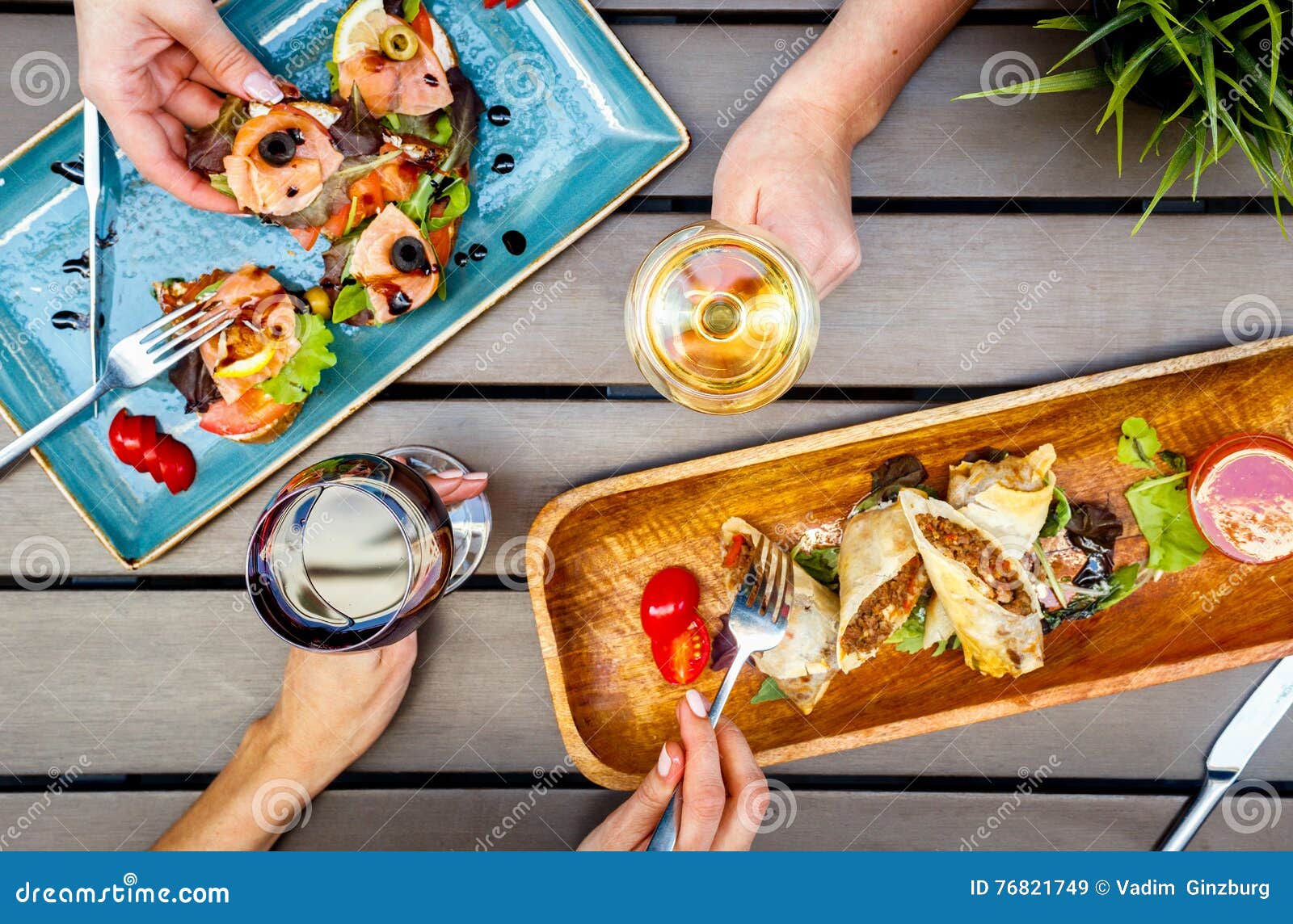 Food in the Restaurant and Wooden Table Top View Stock Image - Image of ...