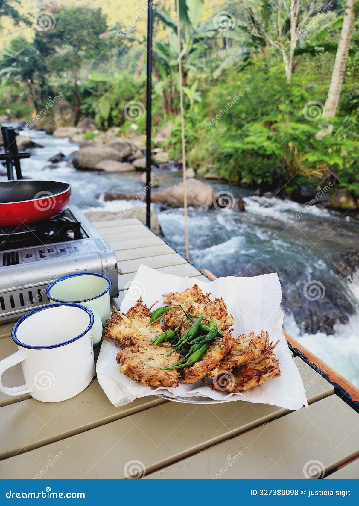 Food at river side stock photo. Image of camping, river - 327380098