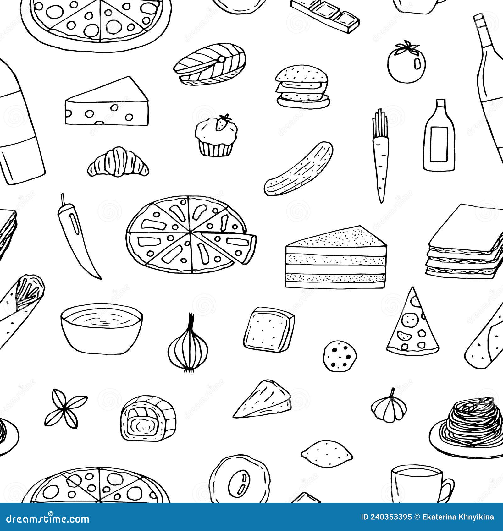 Food Seamless Pattern Vector Illustration, Hand Drawing Doodles Stock ...