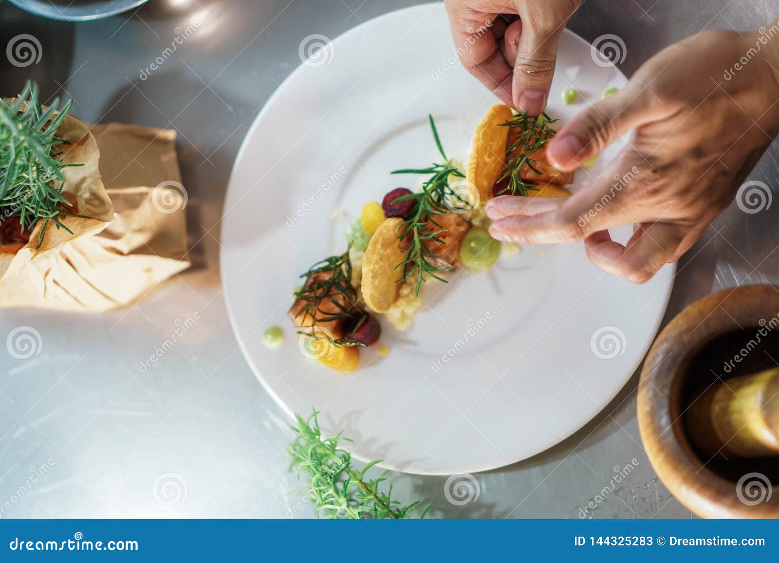 Food served on a dish stock image. Image of chef, kitchen - 144325283