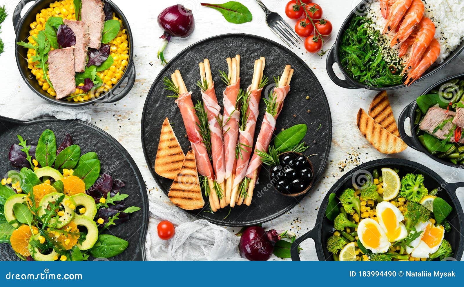 Food. Set of Dishes on, White Background. Rustic Style. Top View Stock ...