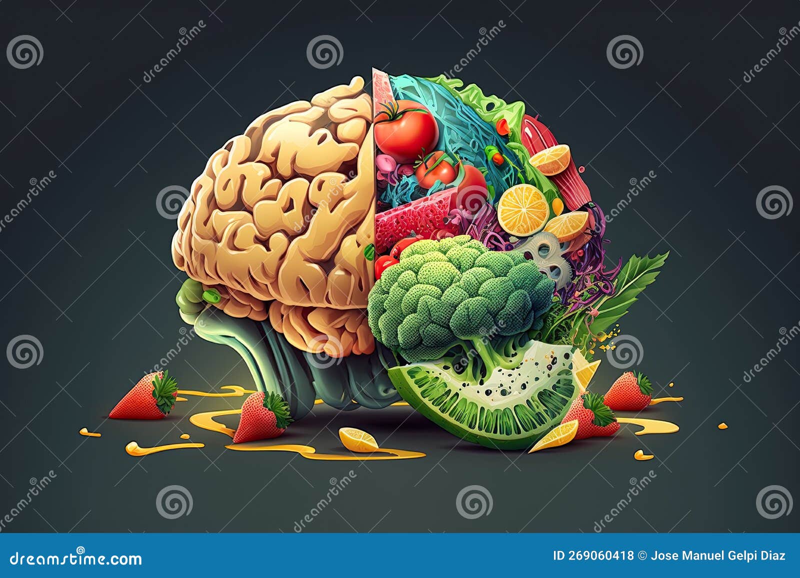 Food in a Shape of a Brain on a Dark Background. Nutrition Concept ...
