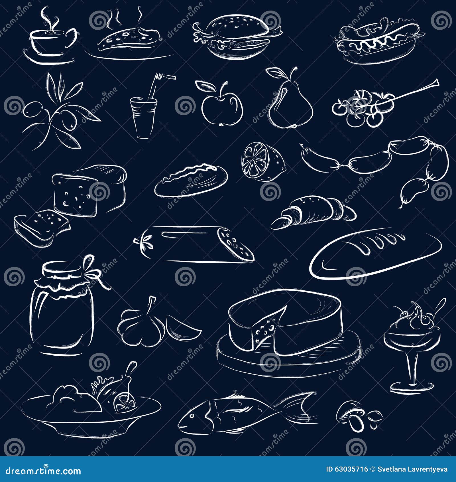 Food Sketch on Blue Background Stock Vector - Illustration of muffins ...