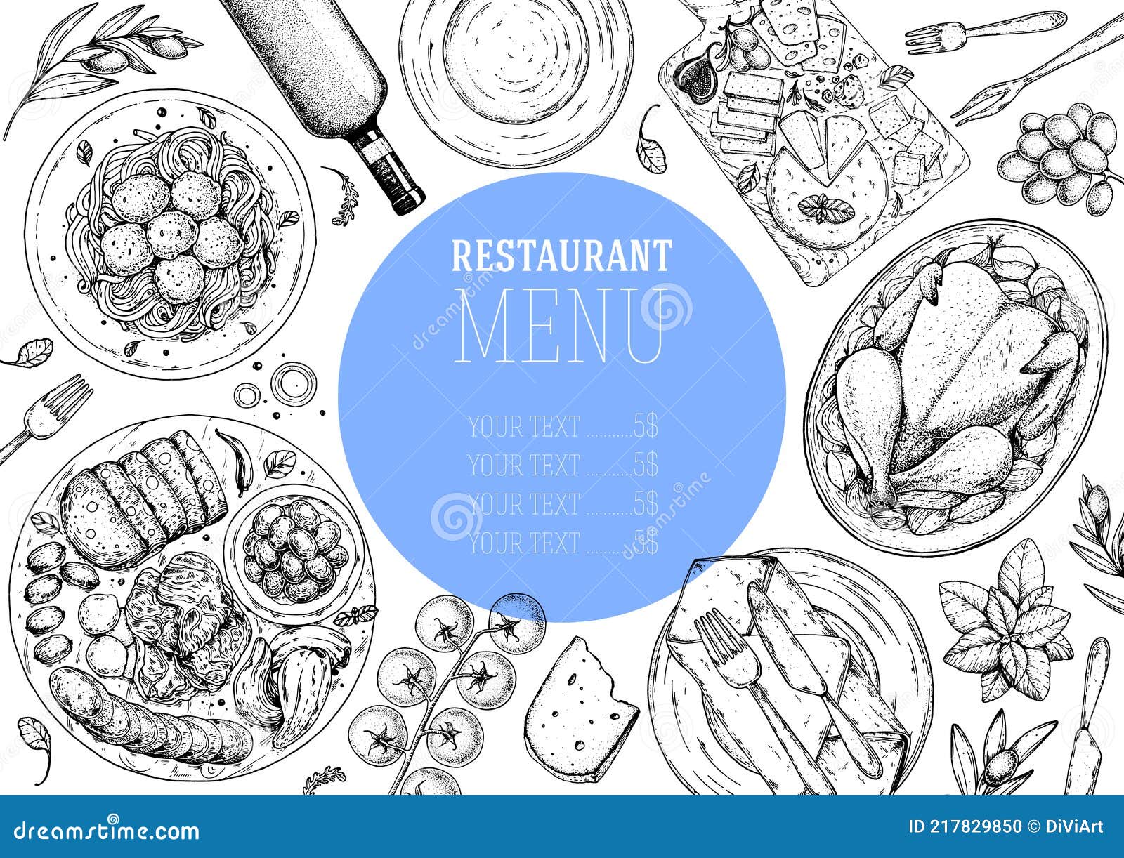 Food Top View. Sketch Illustration. Hand Drawn. Food Menu Design ...