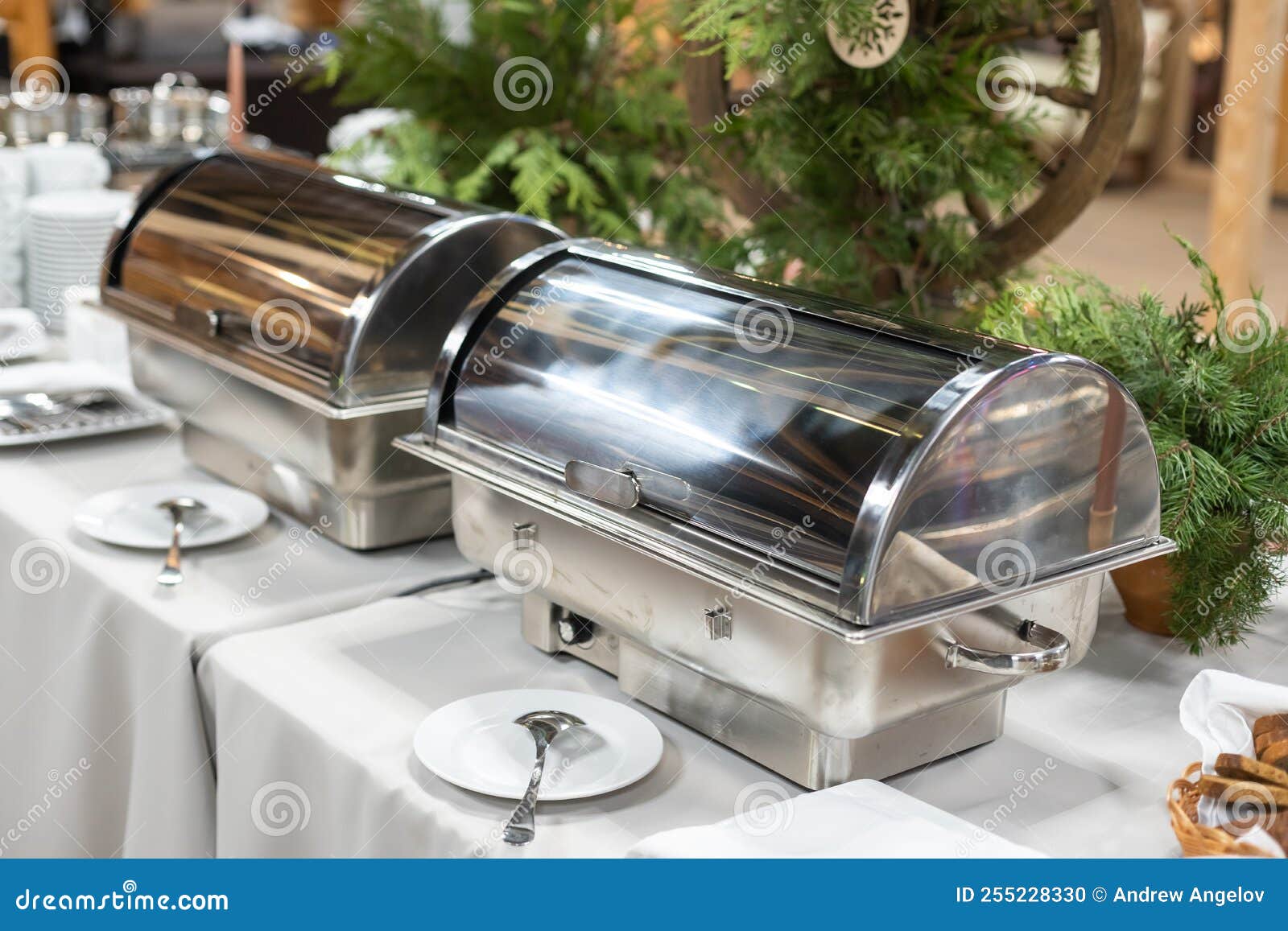 Food Trays in Buffet. Metal Containers Buffet Table. Stock Photo ...