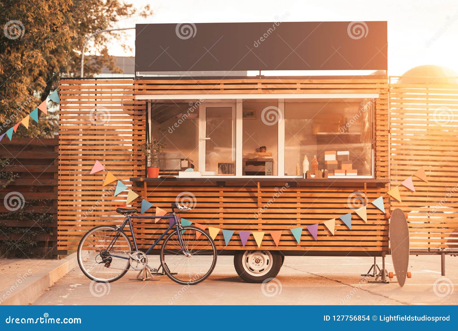 Food Truck with Bicycle during Sunset Stock Photo - Image of small ...