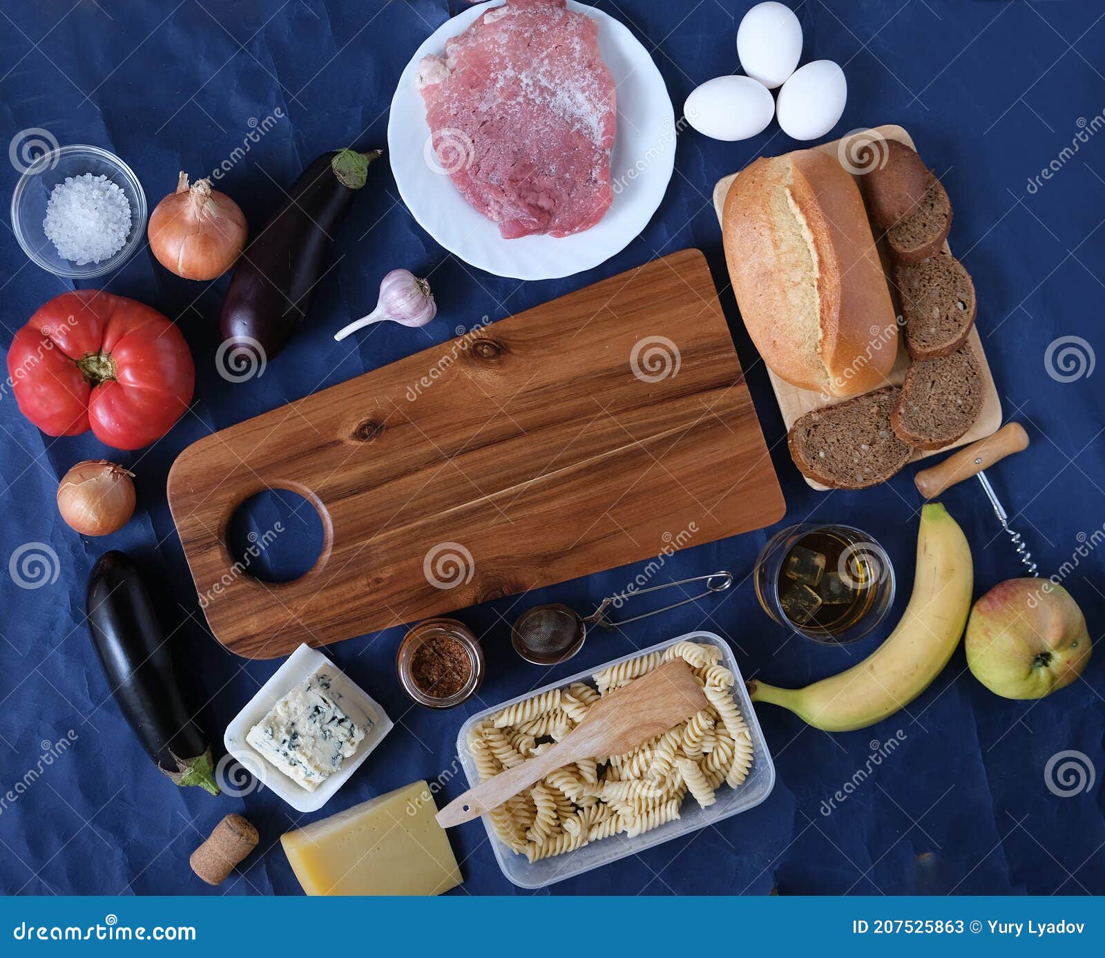 Food, and Vegetables on a Blue Background Stock Image - Image of cheese ...