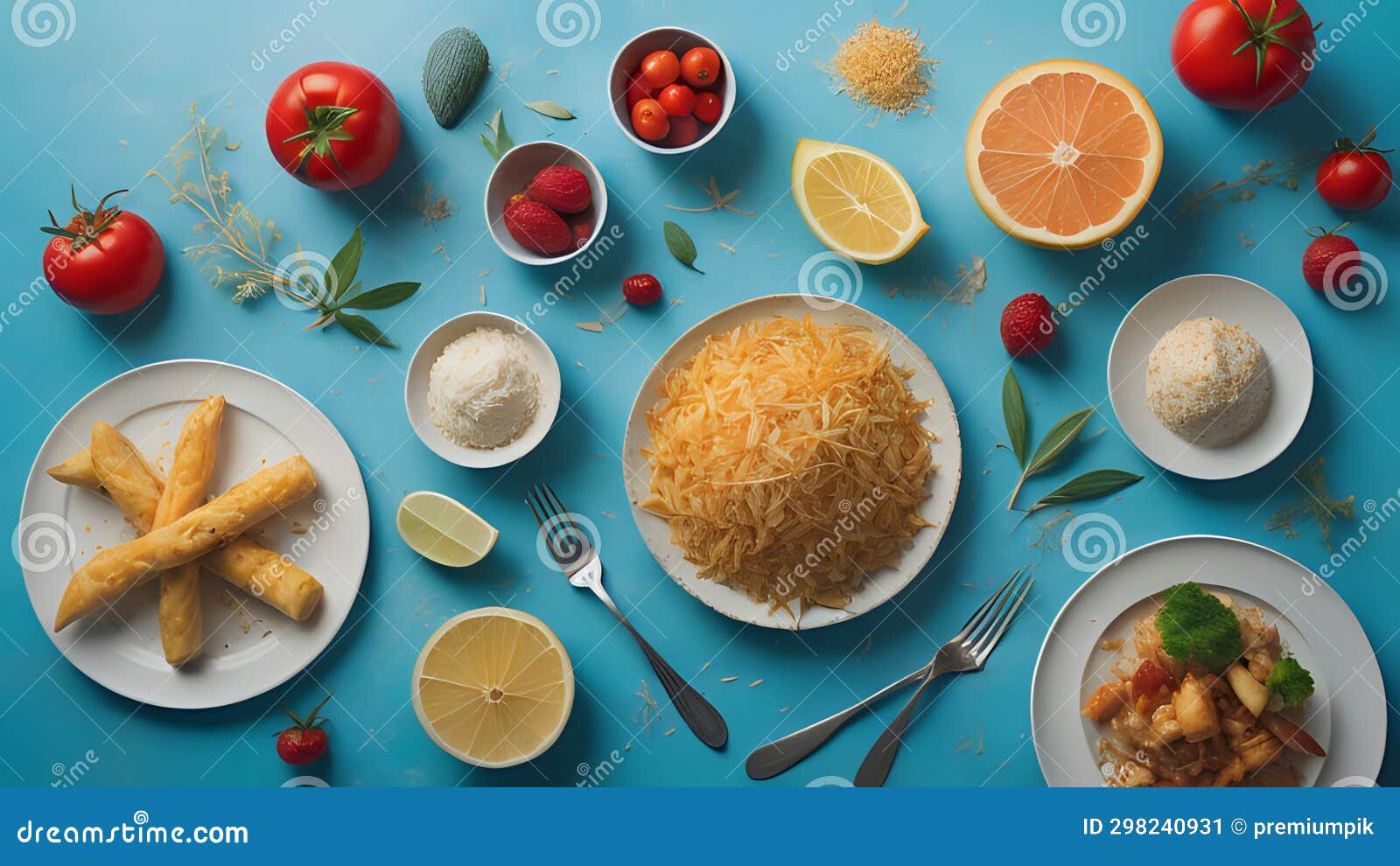 Foods on Skyblue Background Stock Illustration - Illustration of cake ...