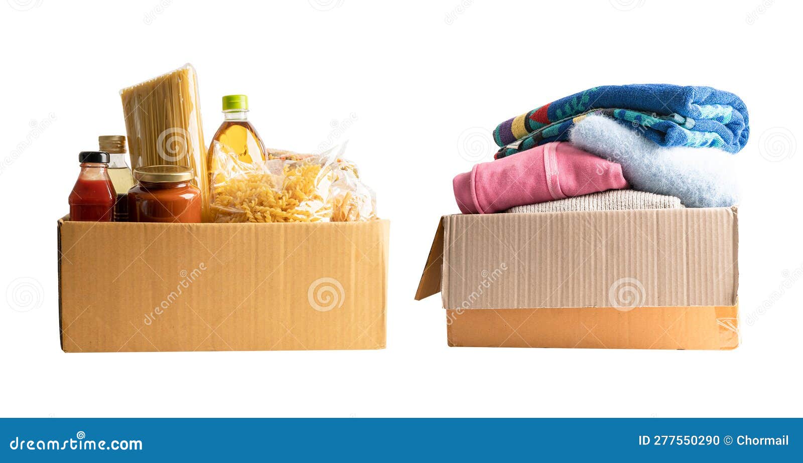 Foodstuff and Cloth in Box for Donation, Storage and Delivery Stock ...