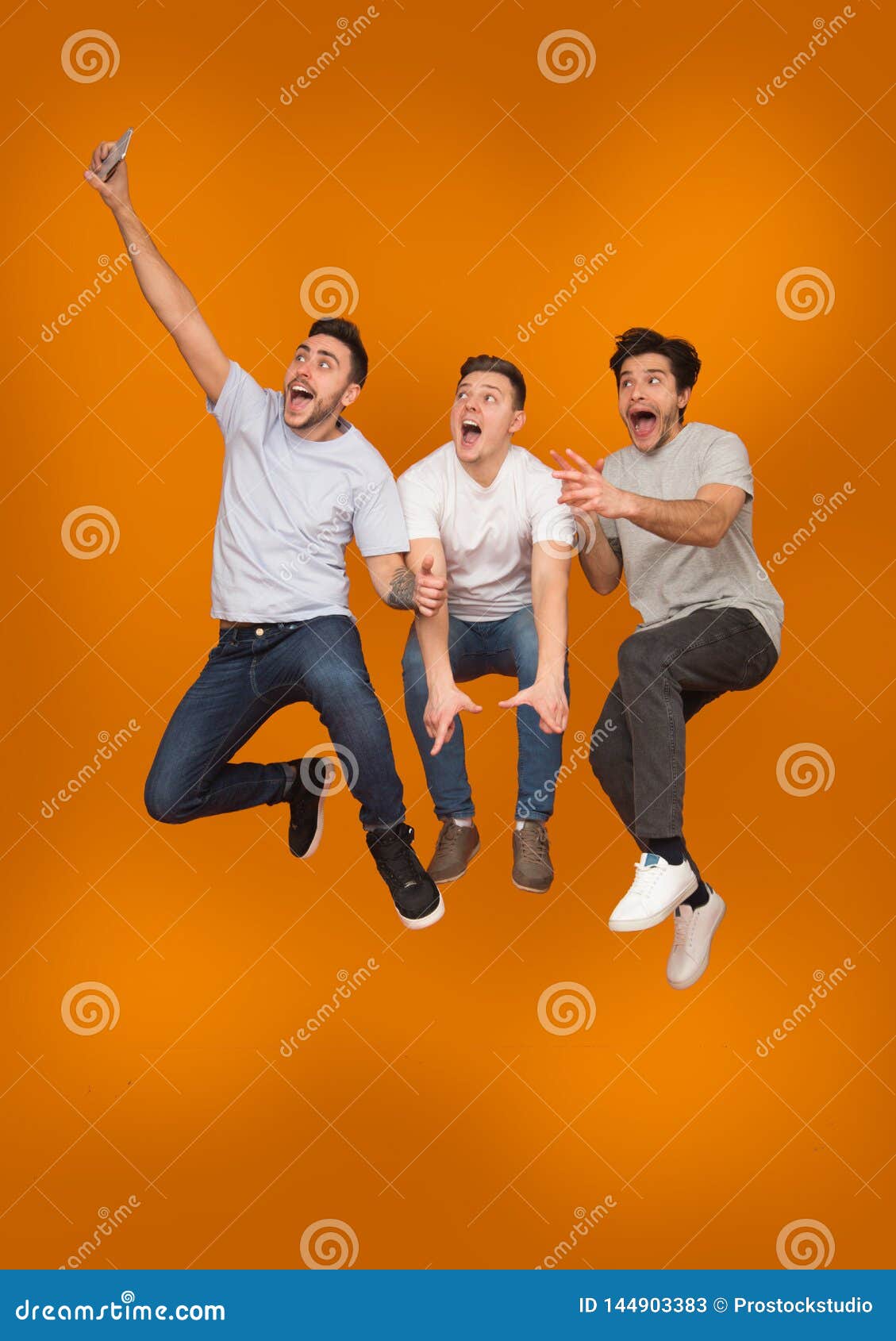 Fooling Together. Men Taking Selfie when Jumping Stock Image - Image of ...