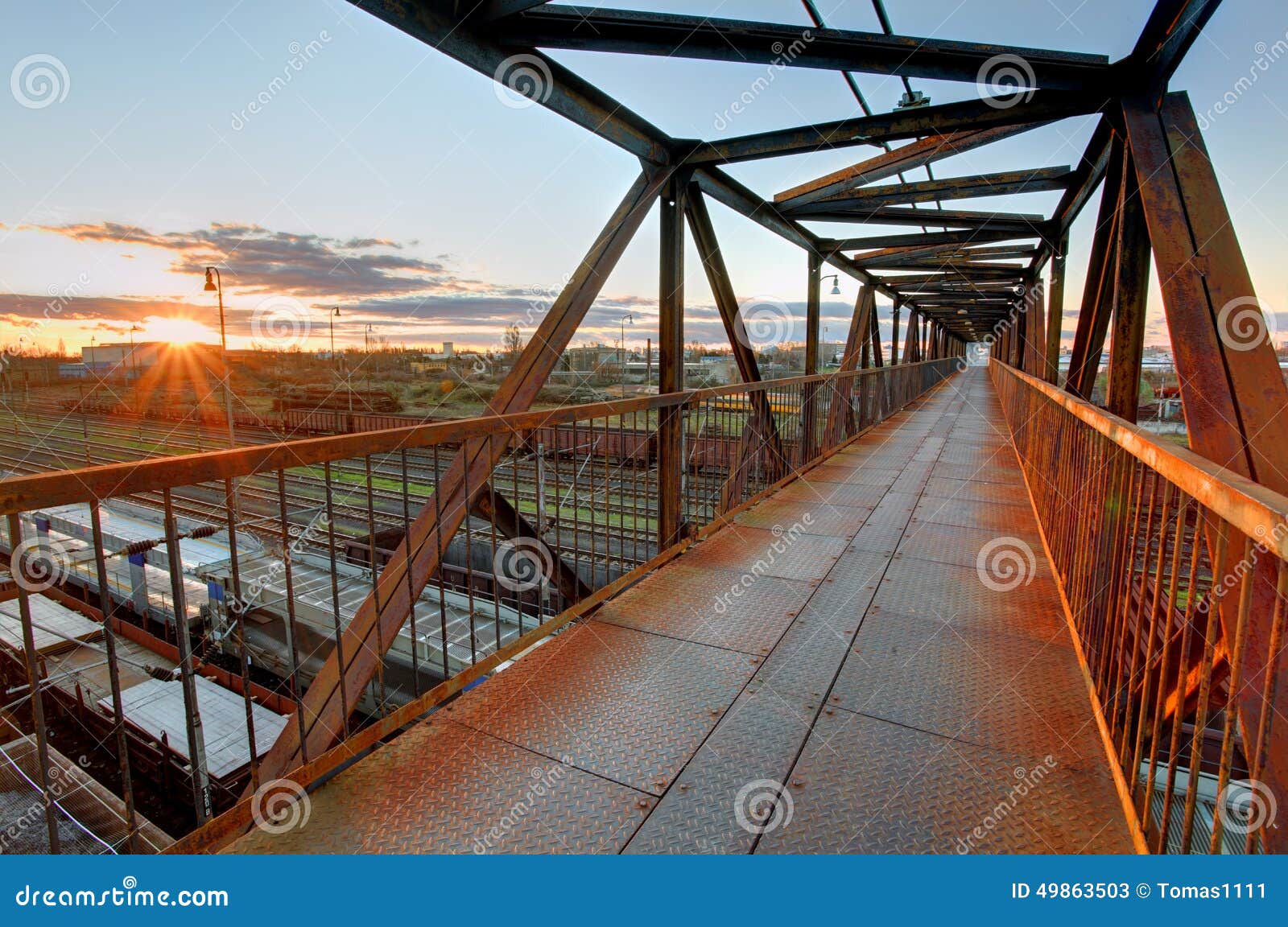 Foot Bridge Over Railway at Sunset Stock Image - Image of architecture ...