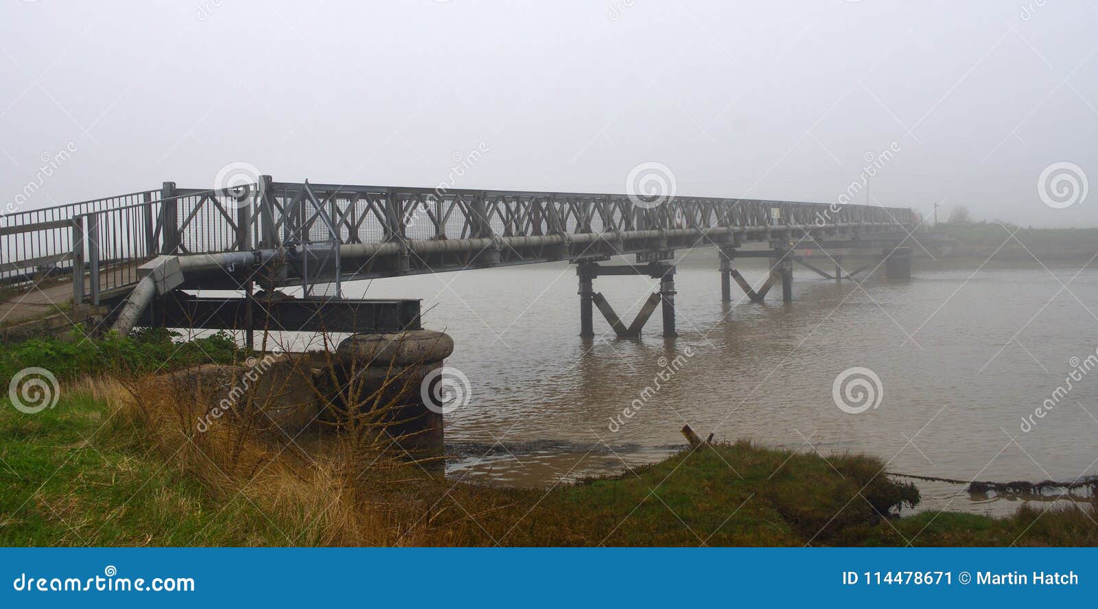 Foot Bridge Over the River Blyth in the Fog. Stock Image - Image of ...