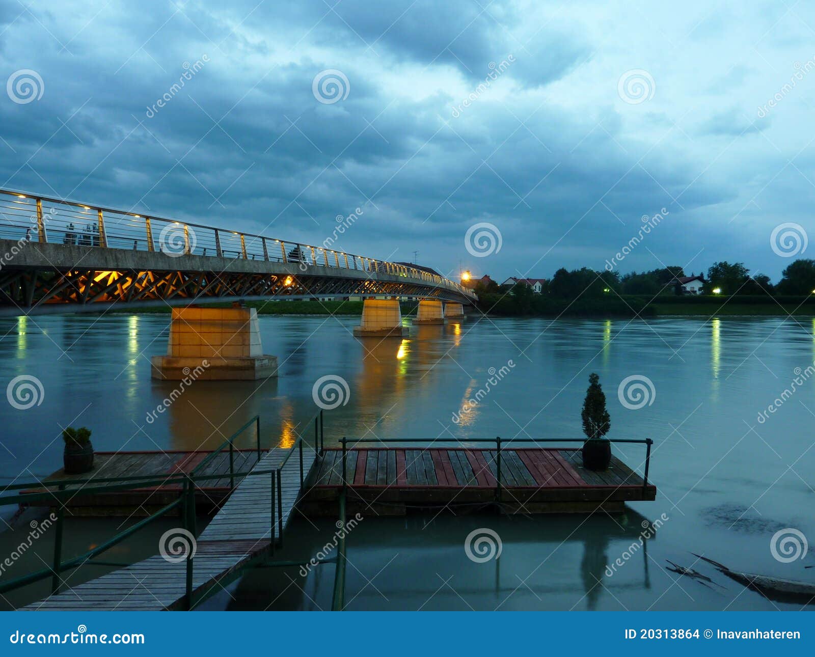 Foot Bridge Over the River at Night Stock Photo - Image of ligts, sides ...