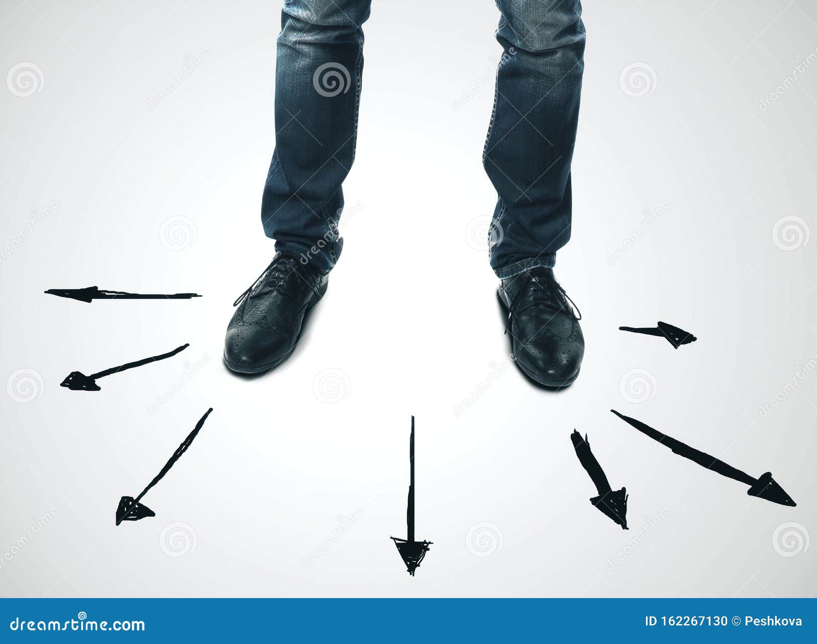 Foot and Businessman Stand on Arrows Stock Photo - Image of guide ...