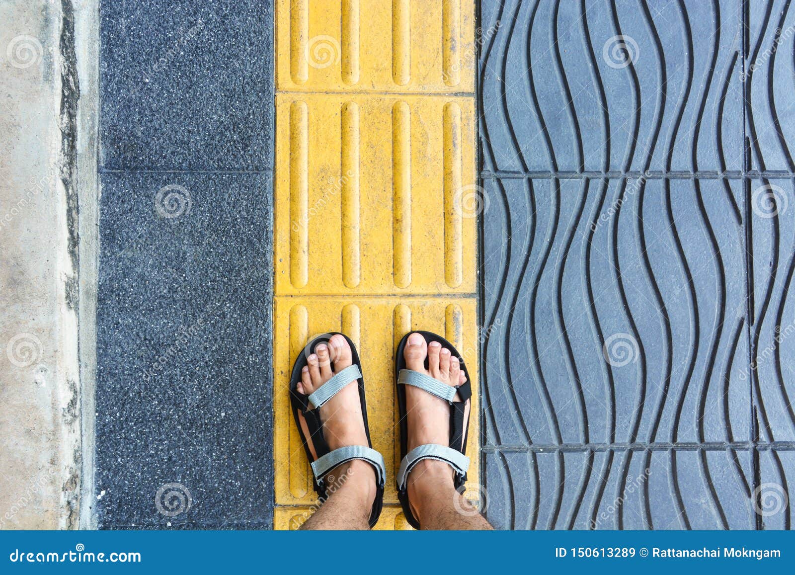 Foot on Pedestrian Lane for Helping Blind People Stock Image - Image of ...