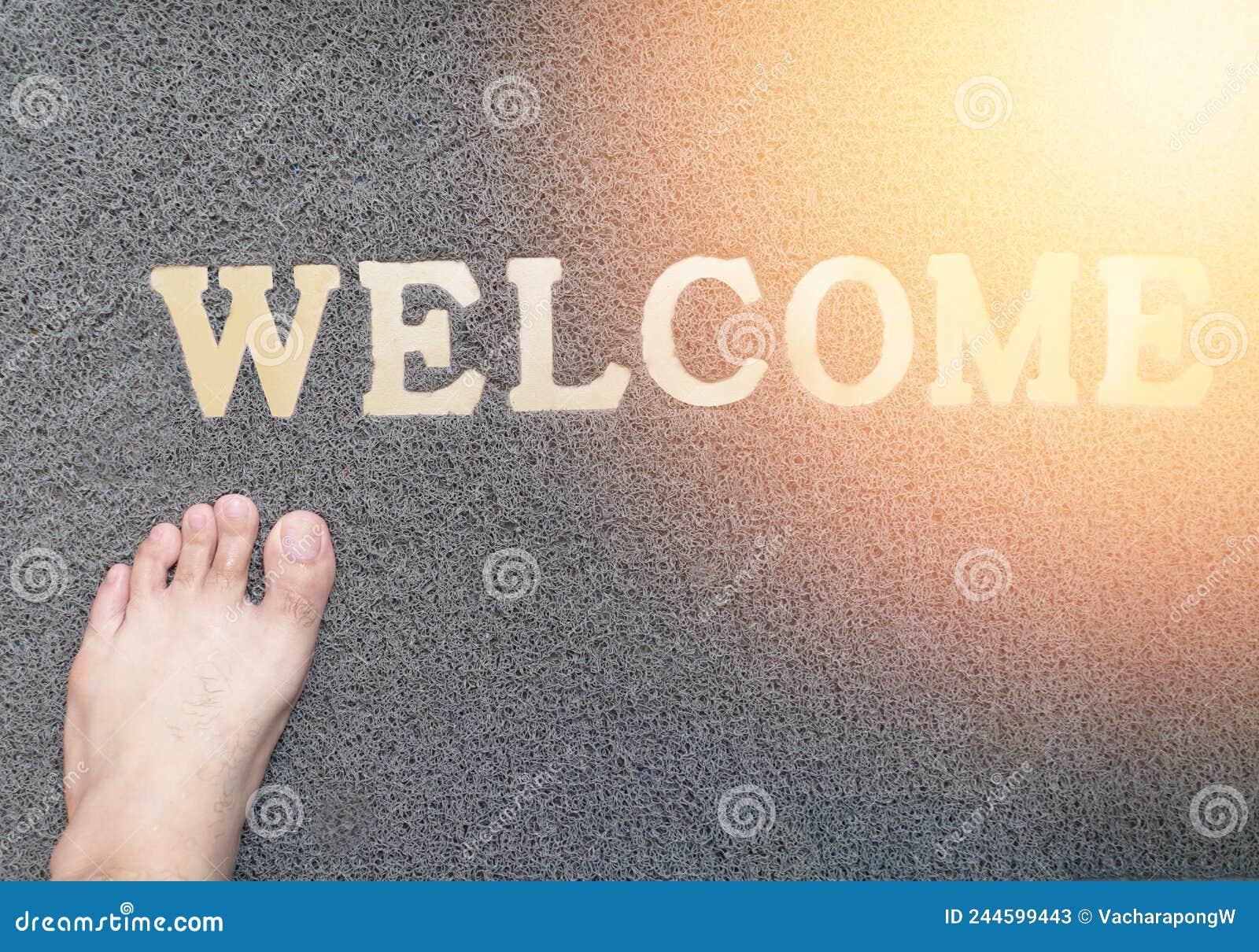 Foot Stand on Grey Welcome Mat on Floor Stock Image - Image of door ...