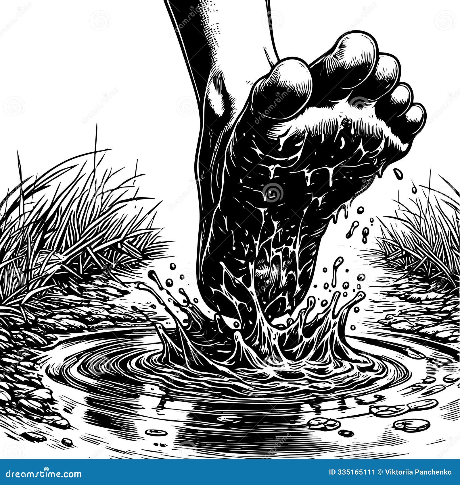 Foot Stepping into Water with Splash in Black and White Sketch Style ...