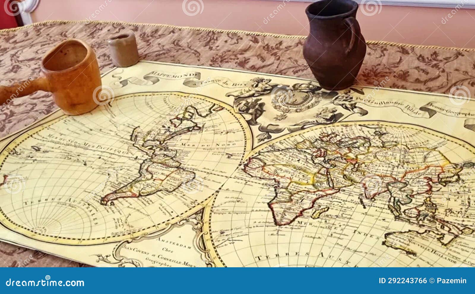 Footage of an Ancient World Map Placed on the Table. Vintage Stock ...