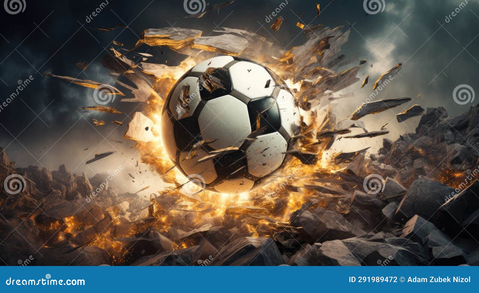 A Football Ball Exploding in Rocks Stock Illustration - Illustration of ...
