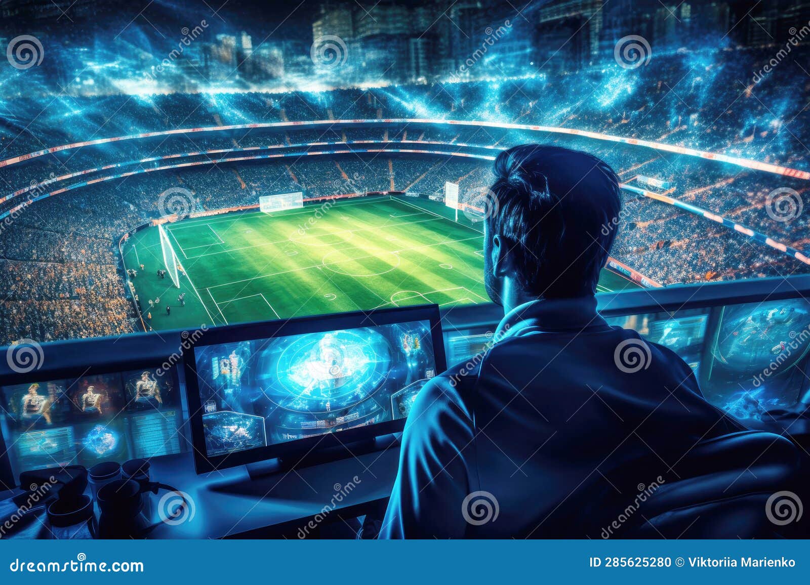 Football Commentator Watching the Match at the Stadium Stock ...