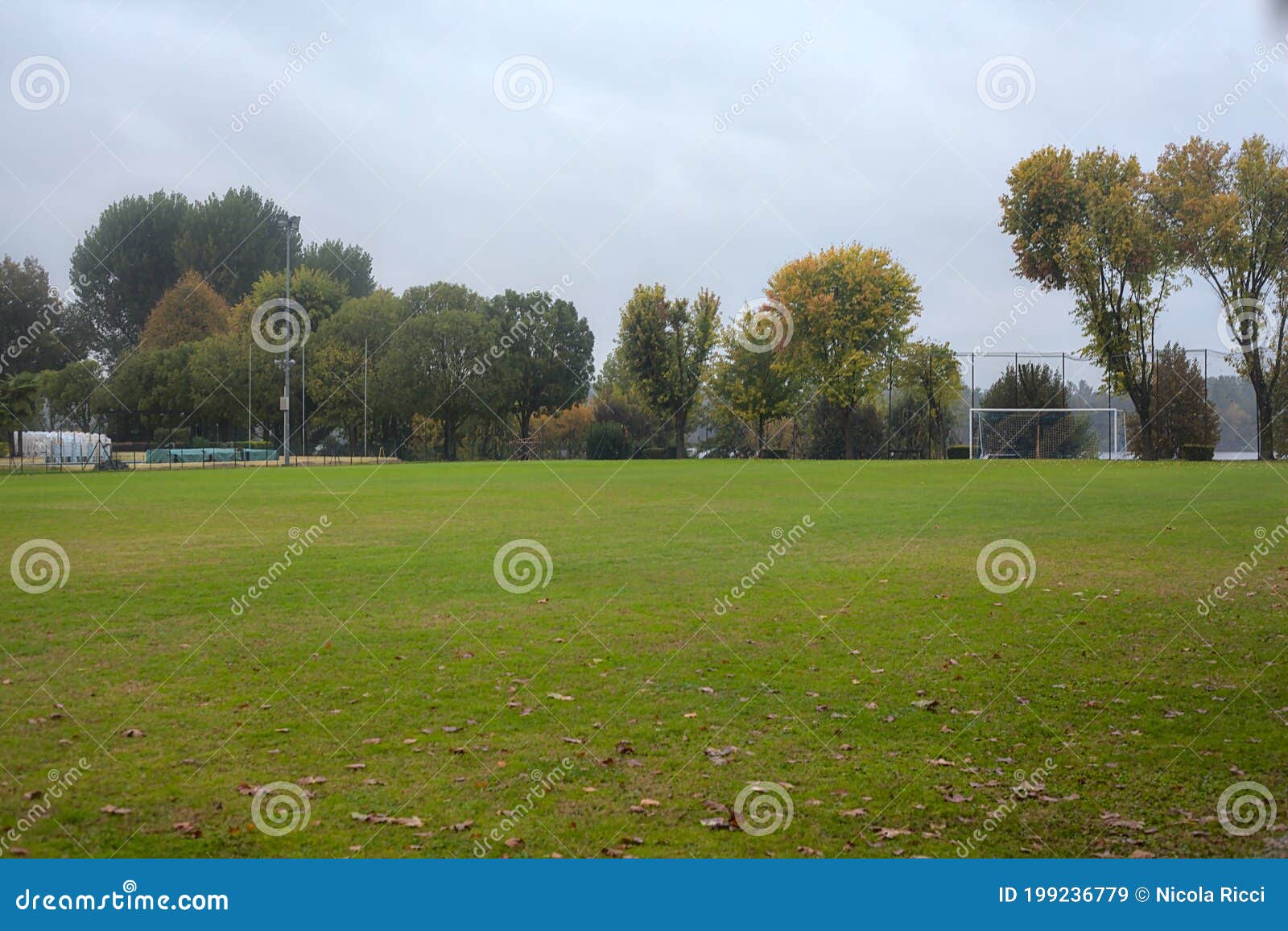 A Football Field in Autumn during a Light Rainfall Stock Image - Image ...