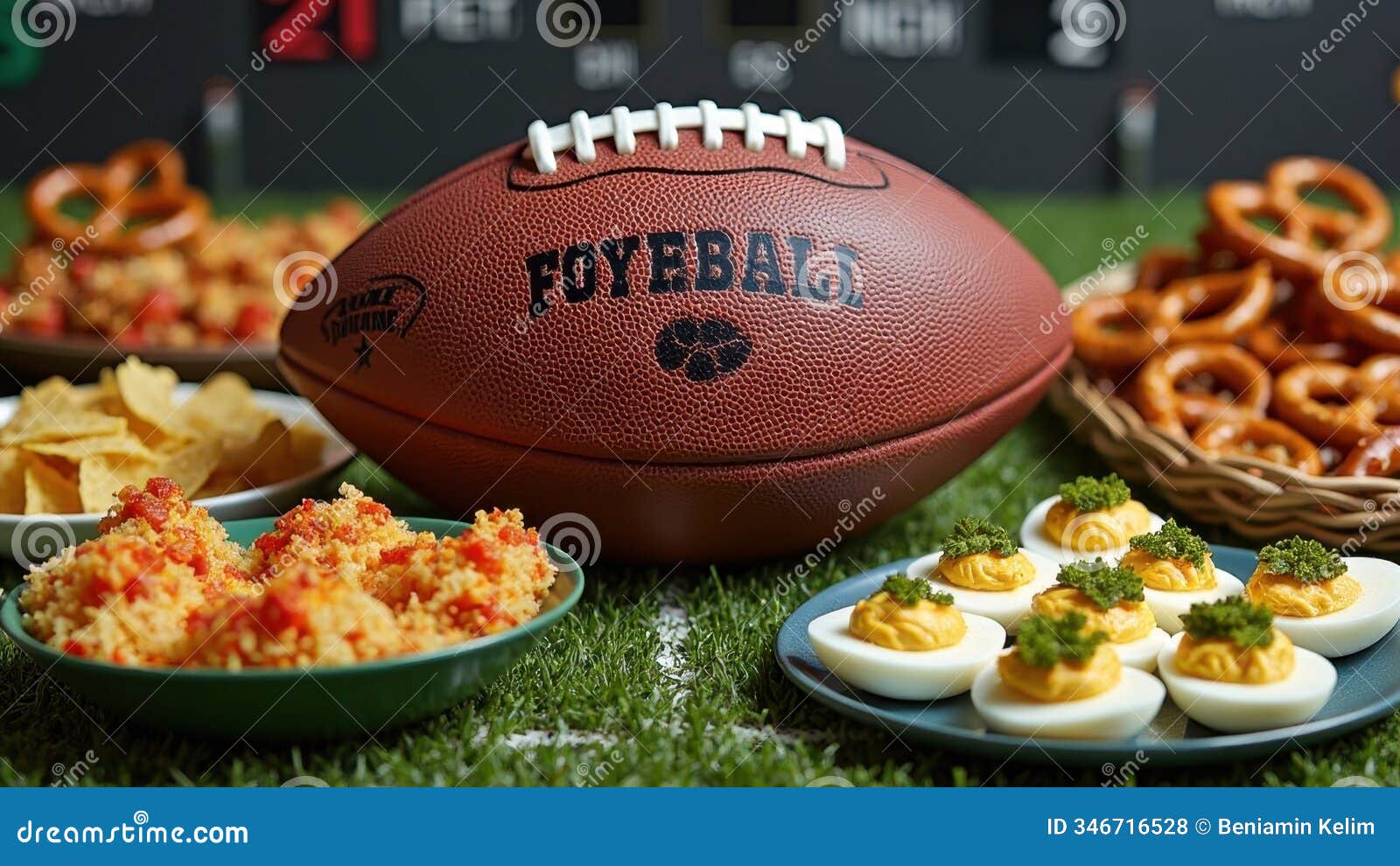Football on Field with Snacks: Chips, Salsa, Deviled Eggs, Pretzels ...