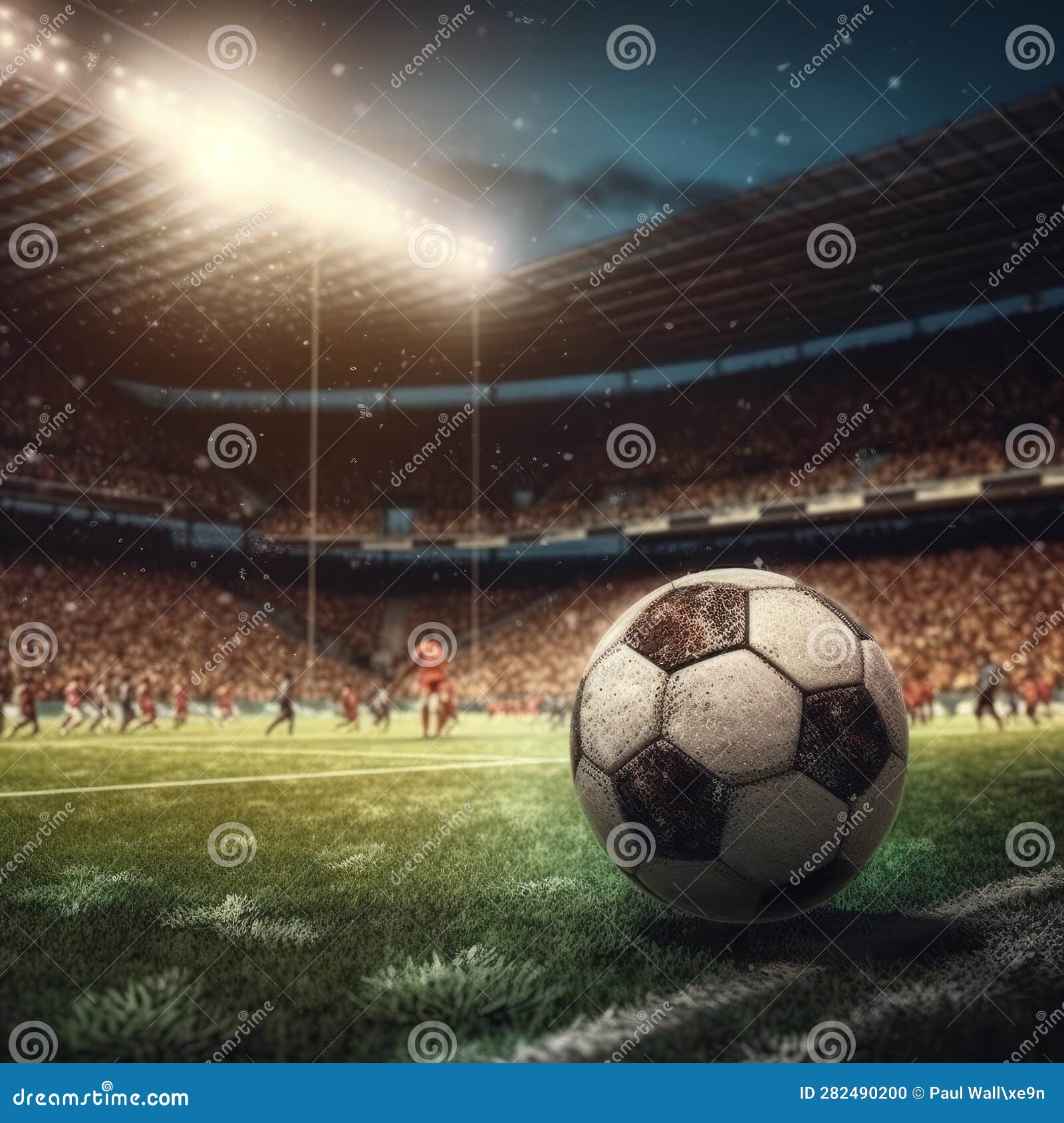 Football in Focus with Diffuse Background of Players and a Stadium ...