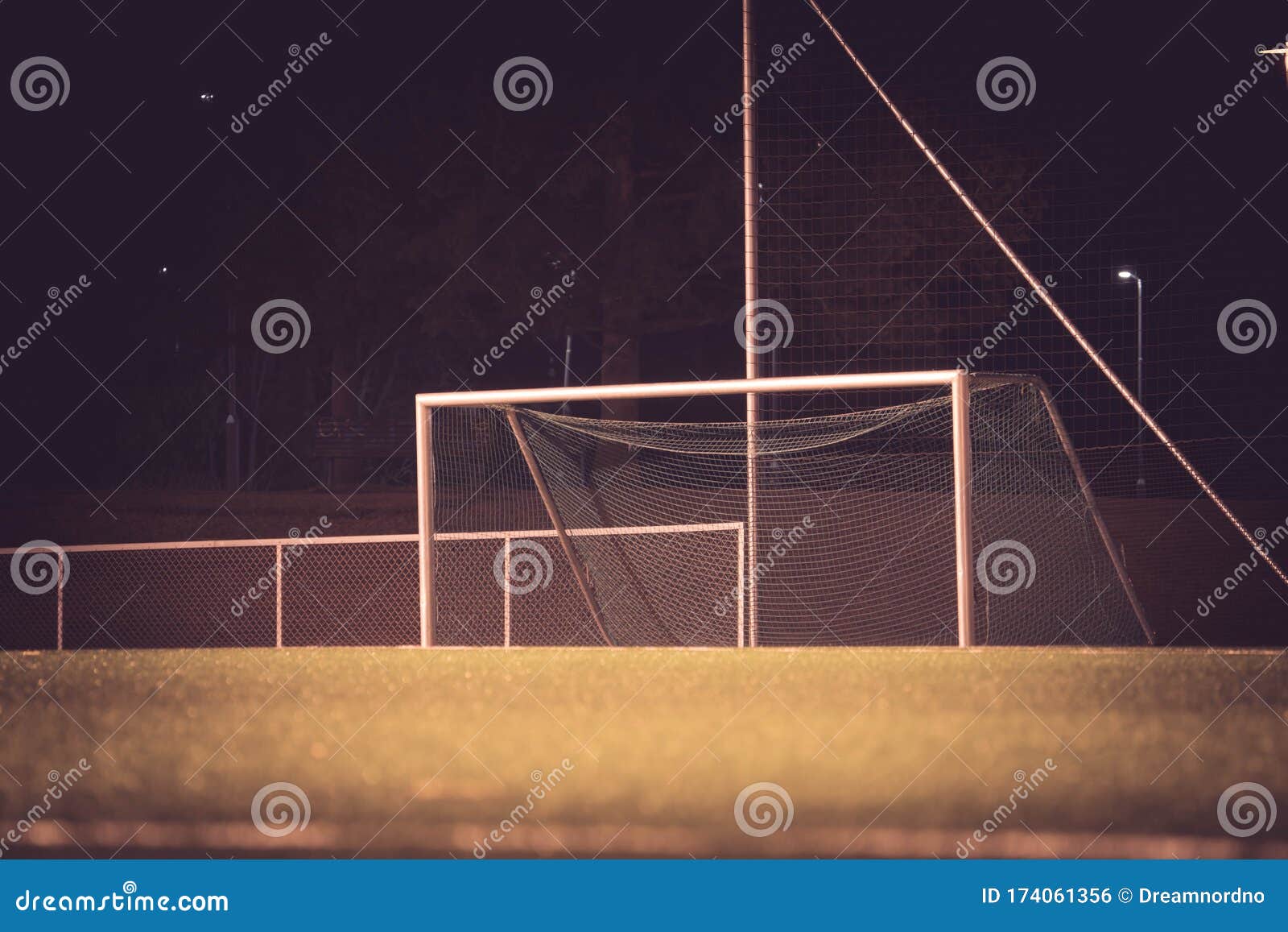 Football Gate on the Pitch with Artificial Turf at Night Stock Photo ...