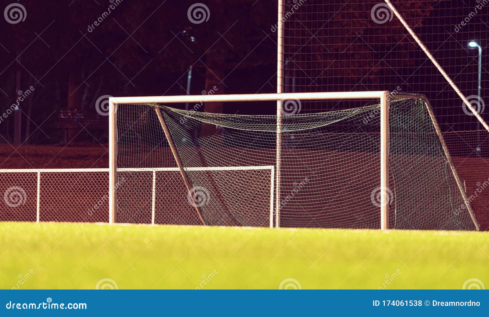 Football Gate on the Pitch with Artificial Turf at Night Stock Photo ...