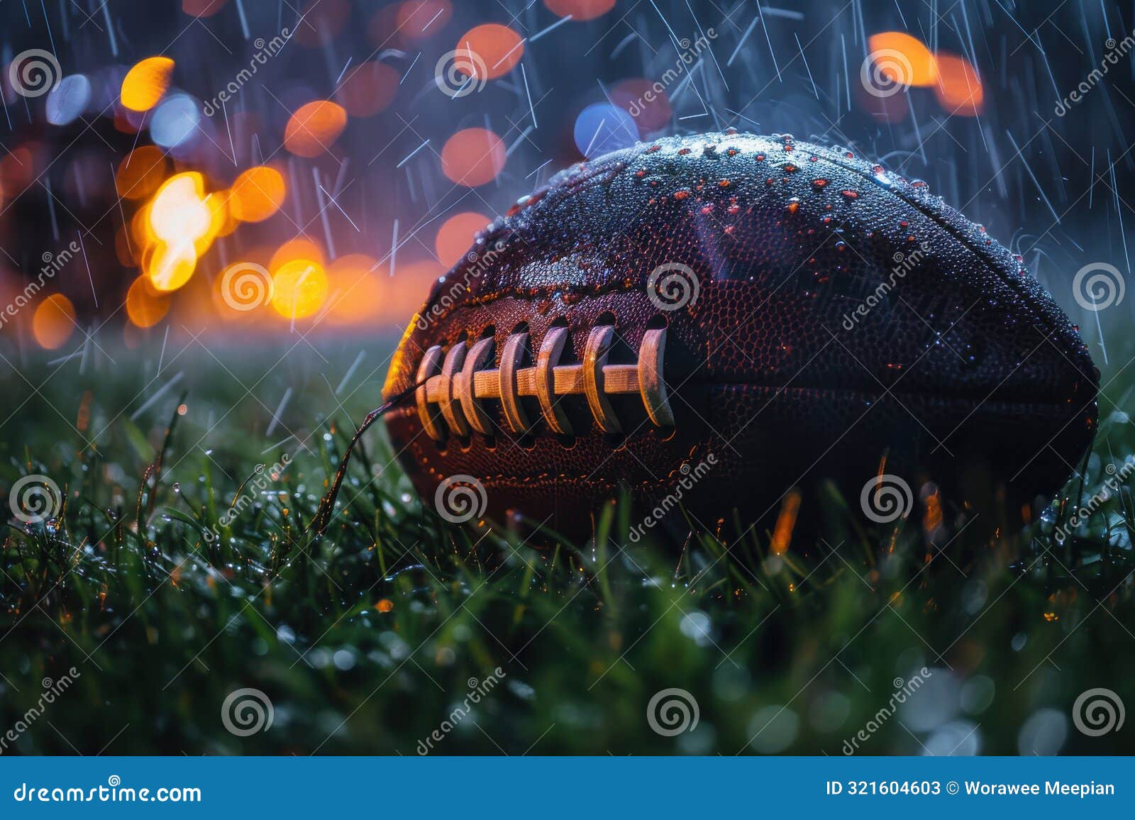 A Football is on the Ground in a Field with Rain and Lightning Stock ...